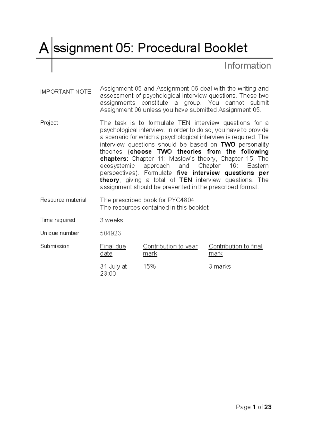 procedural booklet for guidance to writing the 5th assignment and get ...