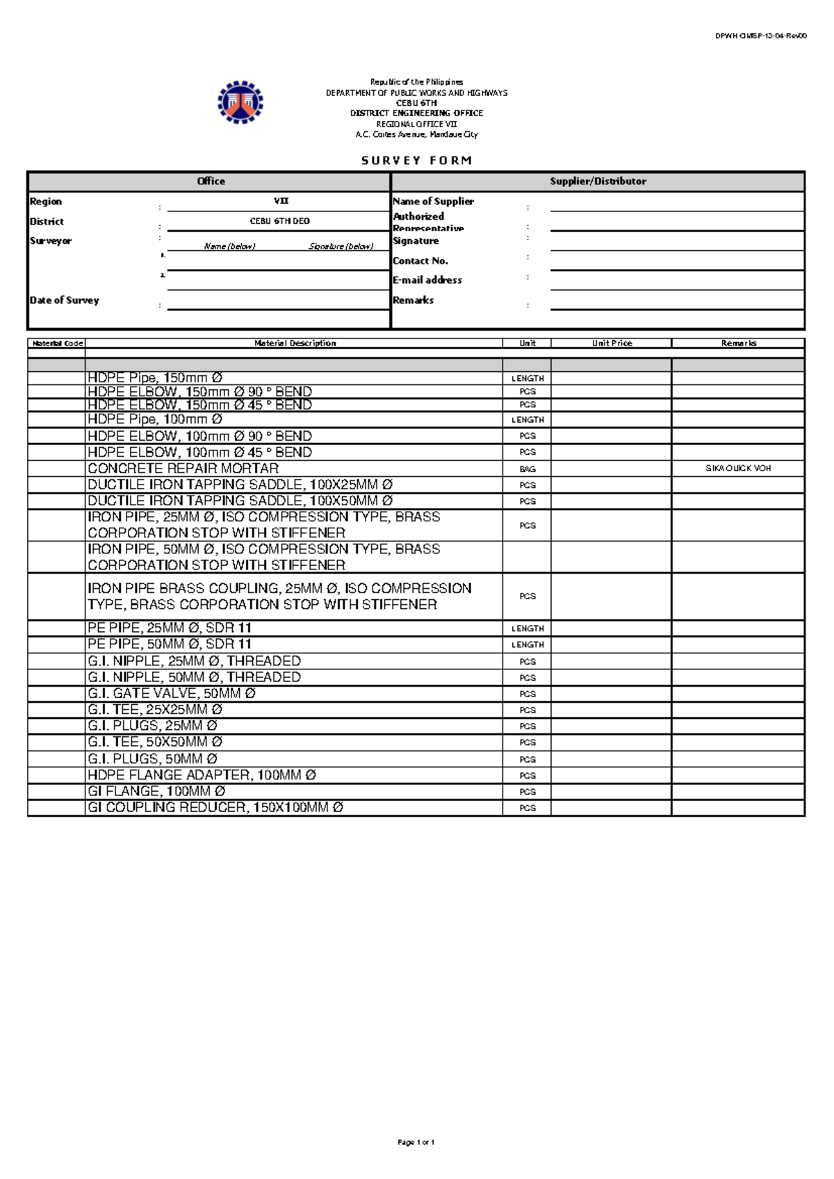 Canvass-Form-General - DPWH-QMSP-13-04-Rev Region : Name of Supplier ...