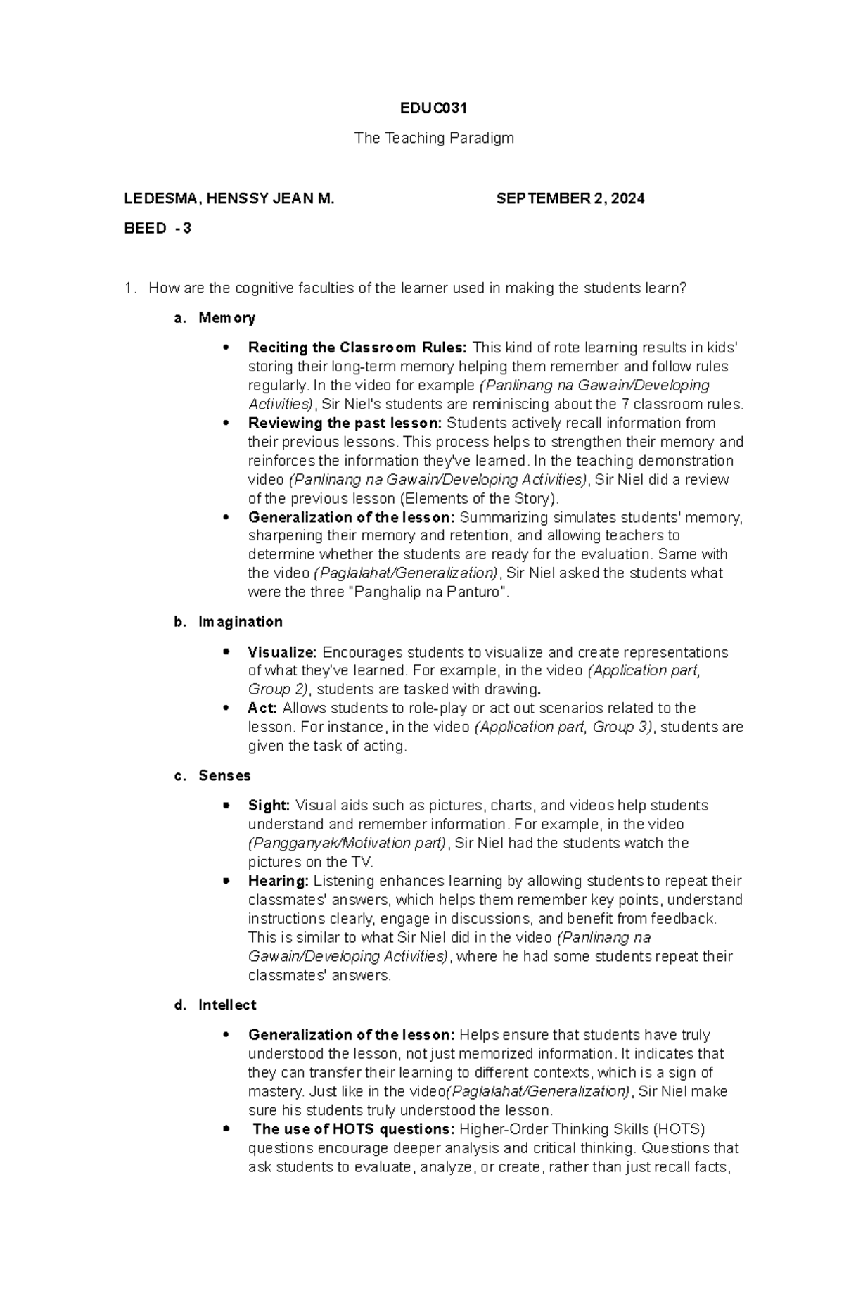 EDUC031_PARADIGM - EDUC The Teaching Paradigm LEDESMA, HENSSY JEAN M ...