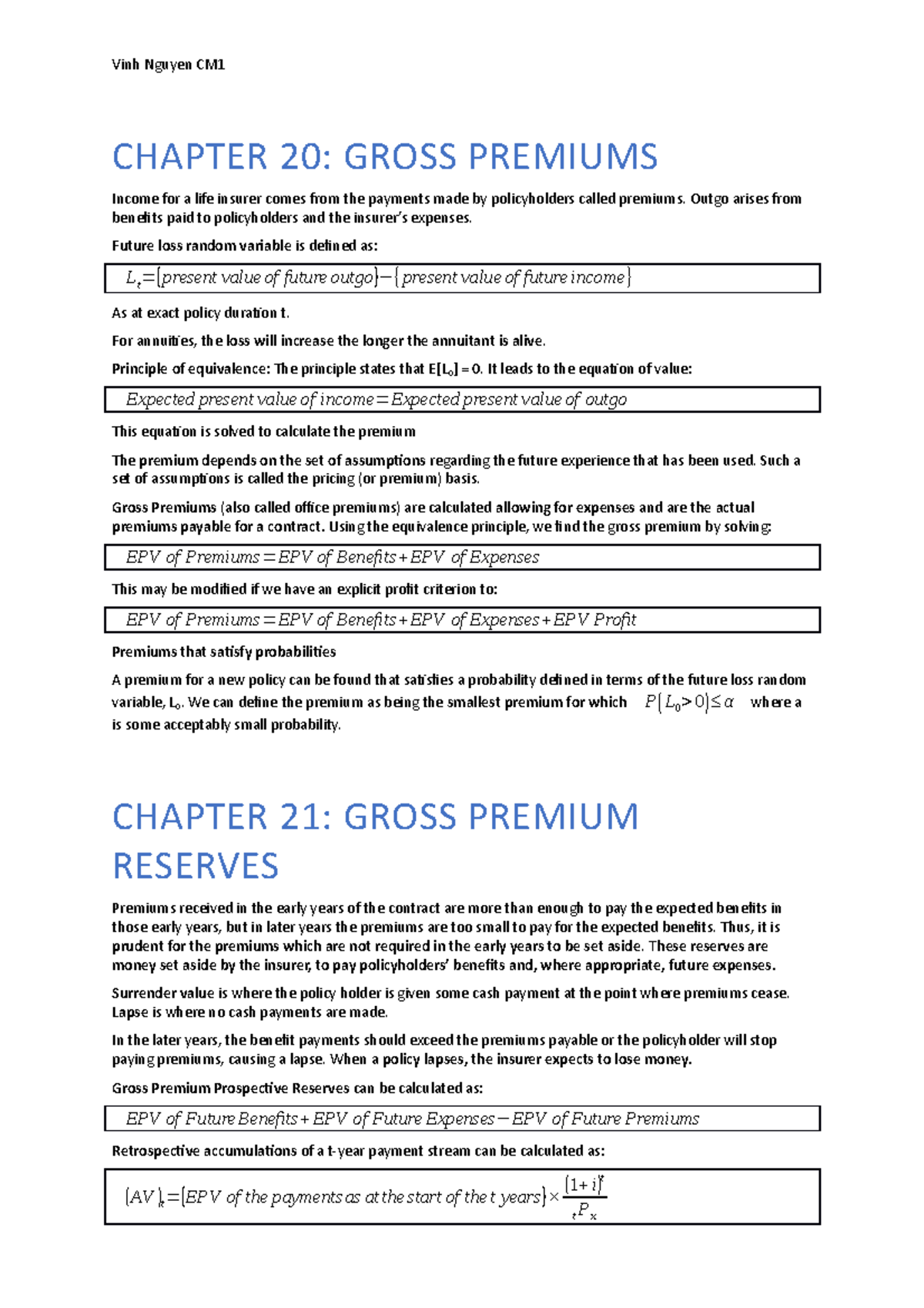 Module 4 - Summary Life Contingencies - CHAPTER 20: GROSS PREMIUMS ...