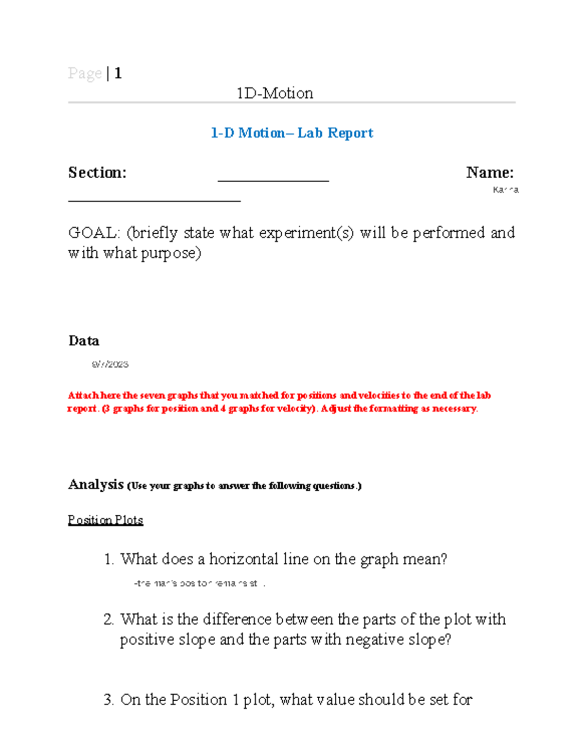 01 1D Motion Labreport Summer 1 2023 - Page | 1 1D-Motion 1-D Motion– Lab Report Section: - Studocu