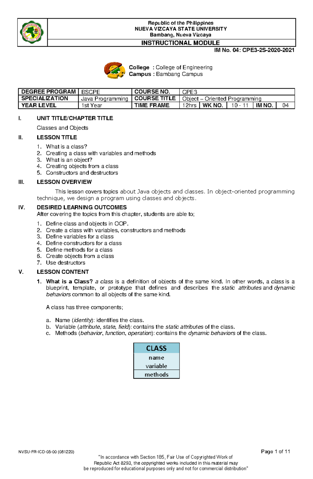 Module 04 Classes and Objects - NUEVA VIZCAYA STATE UNIVERSITY Bambang ... Module 04 Classes and Objects - NUEVA VIZCAYA STATE UNIVERSITY Bambang ...