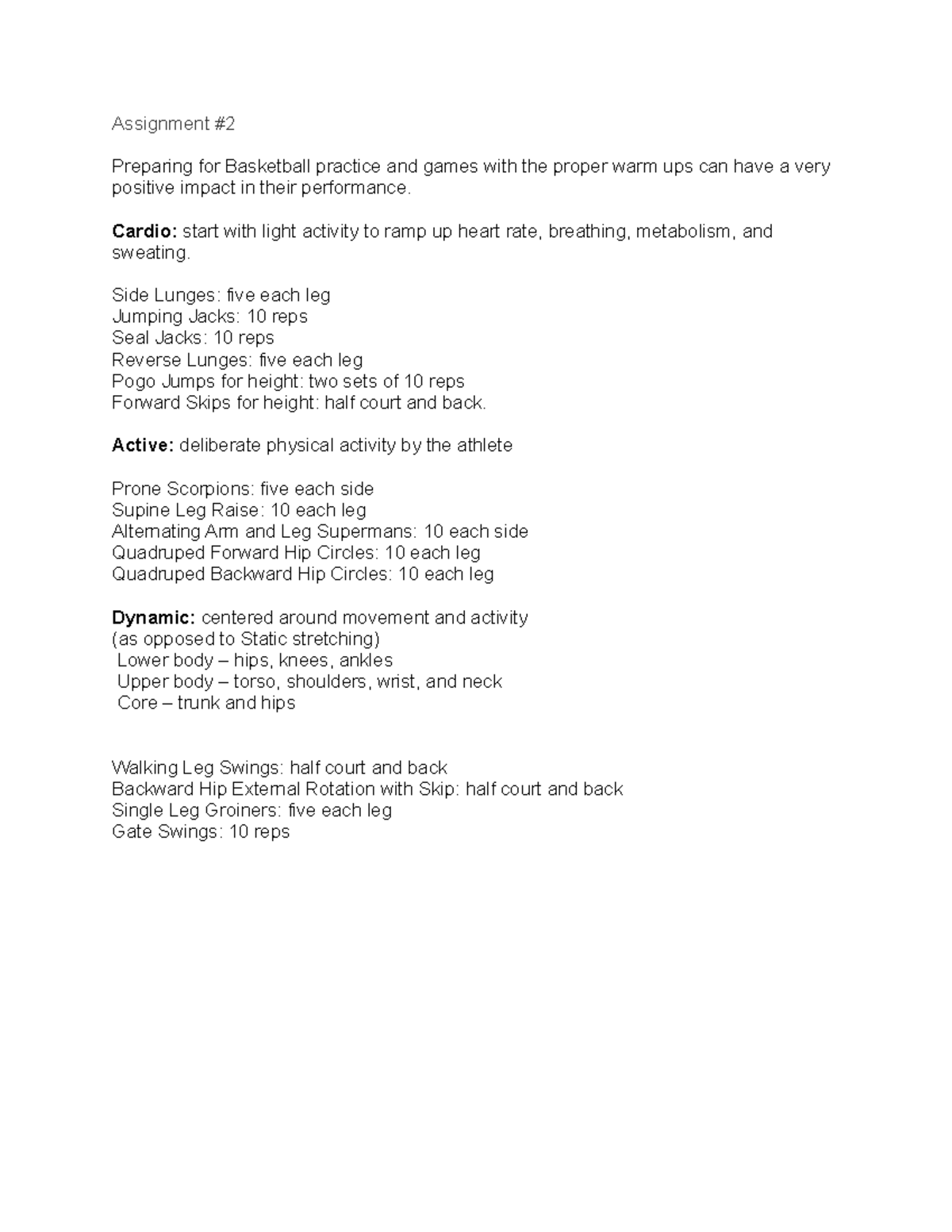 EHS 230 Assignment #2 - Assignment Preparing for Basketball practice ...