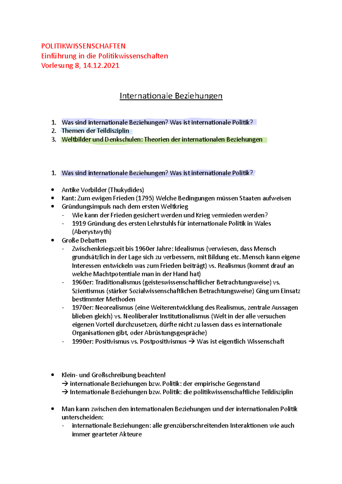 Vorlesung 8, Internationale Beziehungen - POLITIKWISSENSCHAFTEN ...