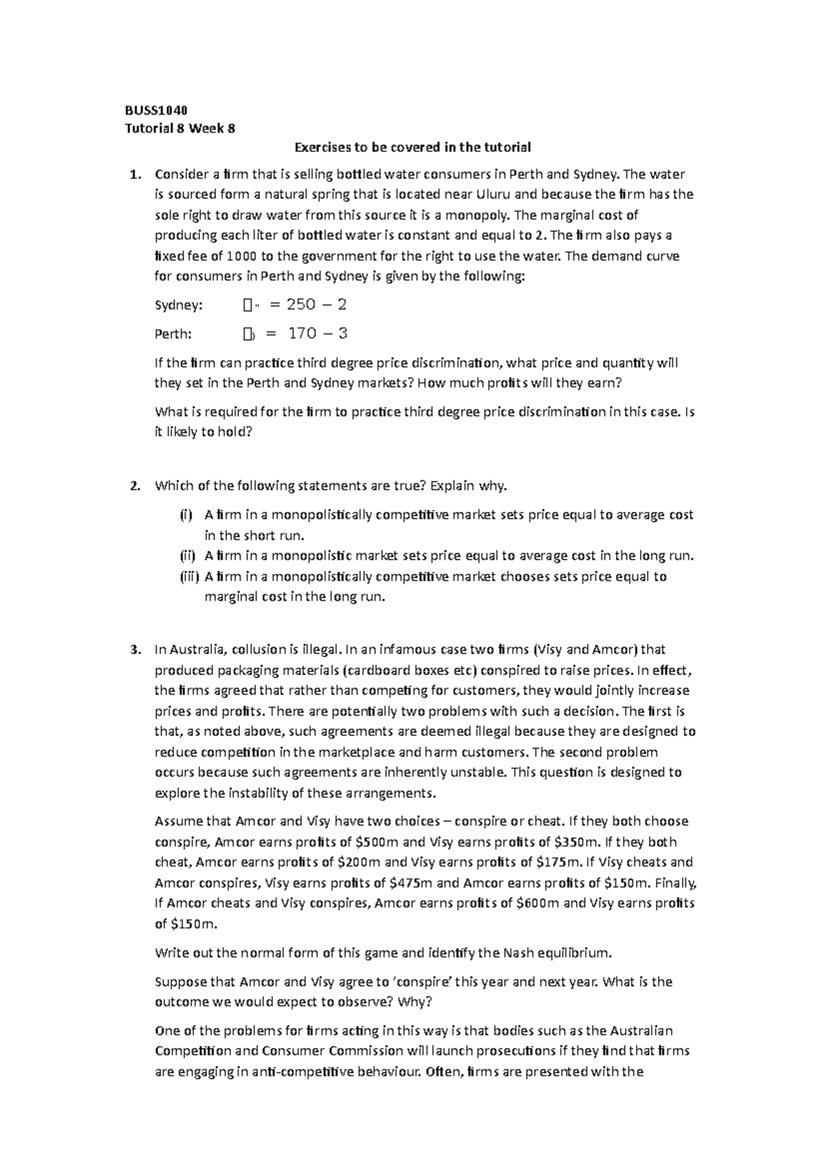 Tutorial 8 without answers - BUSS Tutorial 8 Week 8 Exercises to be covered in the tutorial ...