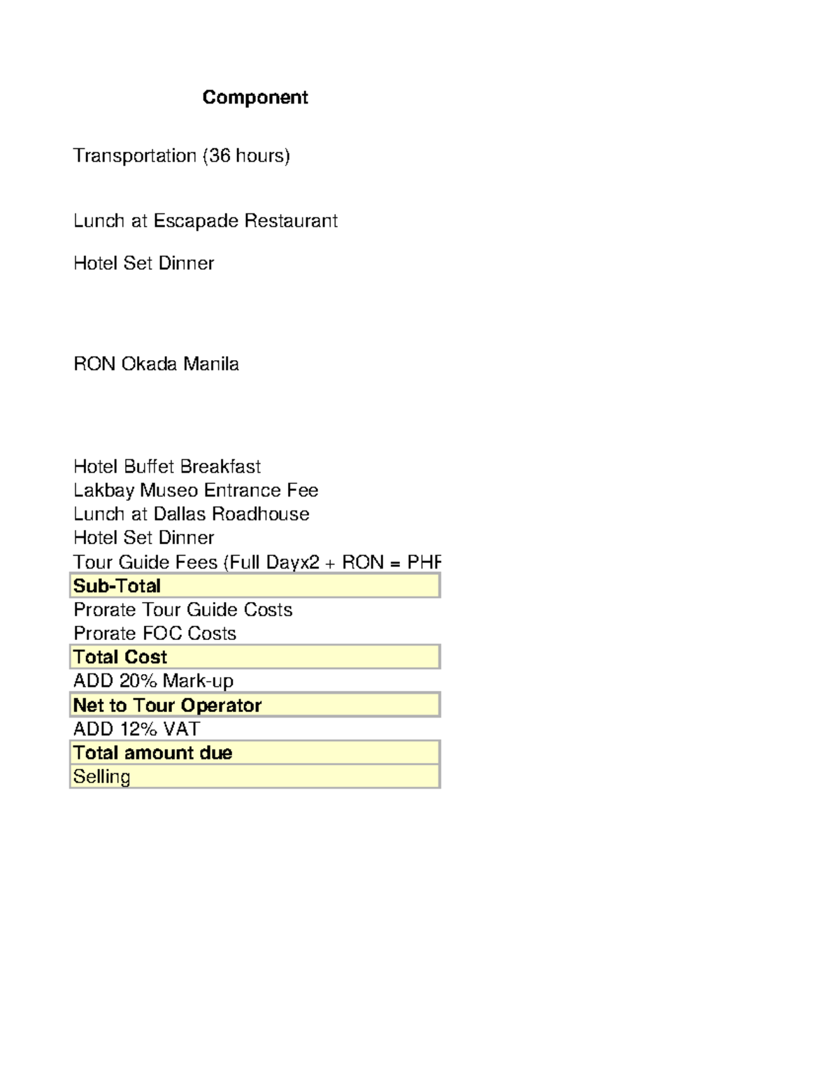 09 RATE Sheet - COSTING - Hotel Set Dinner Hotel Buffet Breakfast ...
