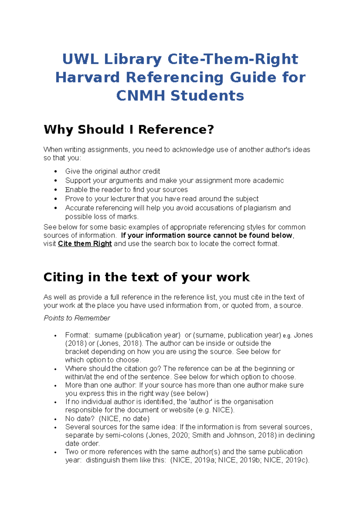 Cite Them Right Harvard Referencing Guide for CNMH Students - UWL ...
