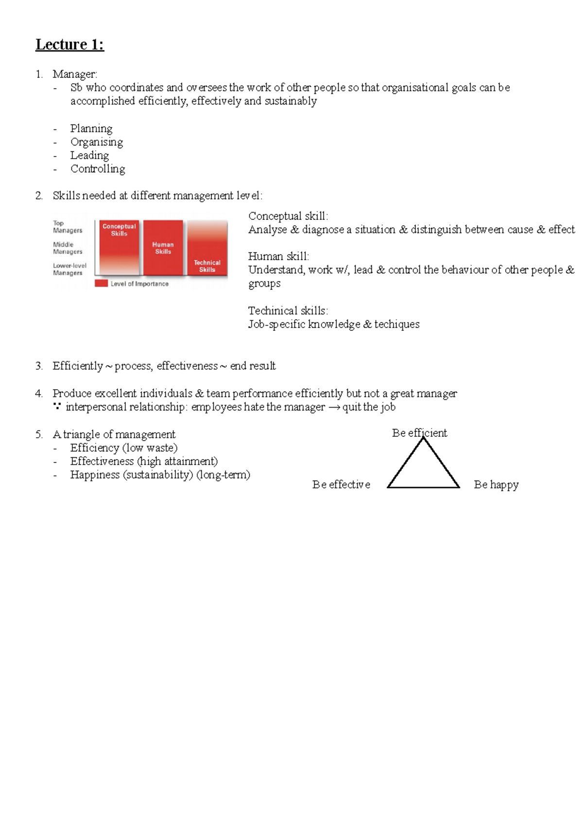 Notes - Lecture 1: Manager: Sb who coordinates and oversees the work of ...
