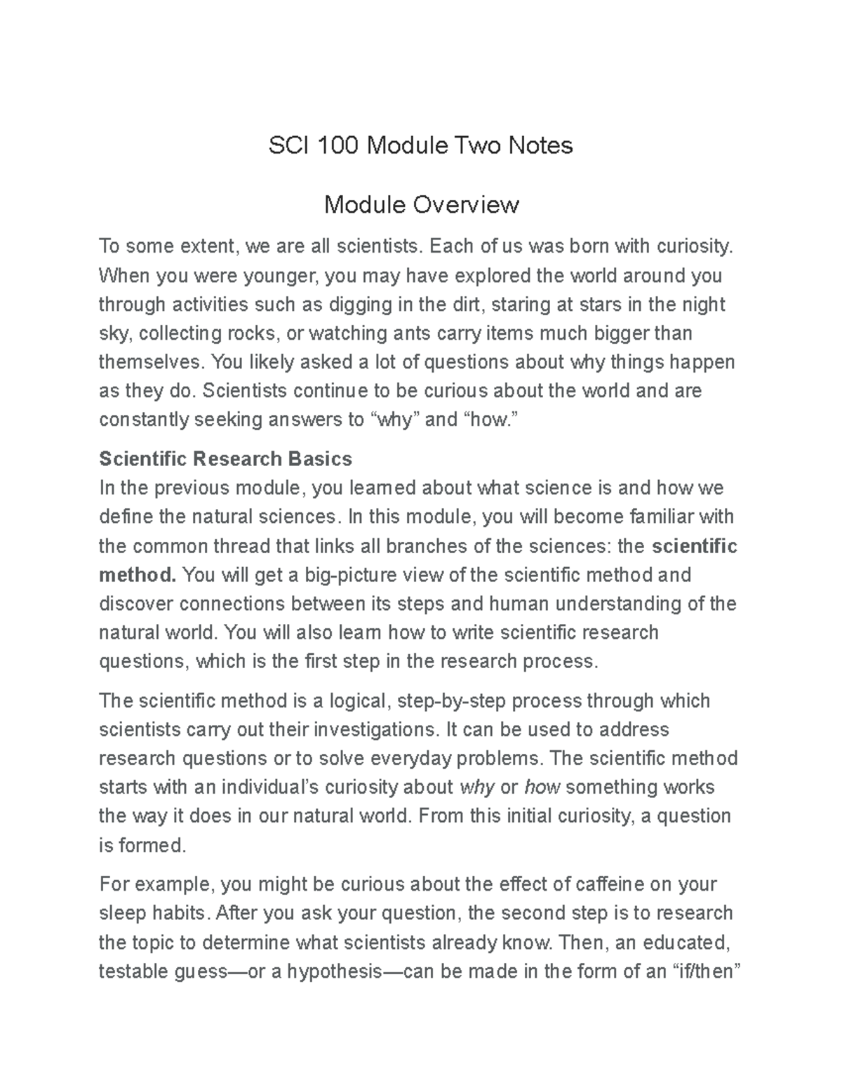 SCI 100 Mod Two Notes - SCI 100 Module Two Notes Module Overview To ...
