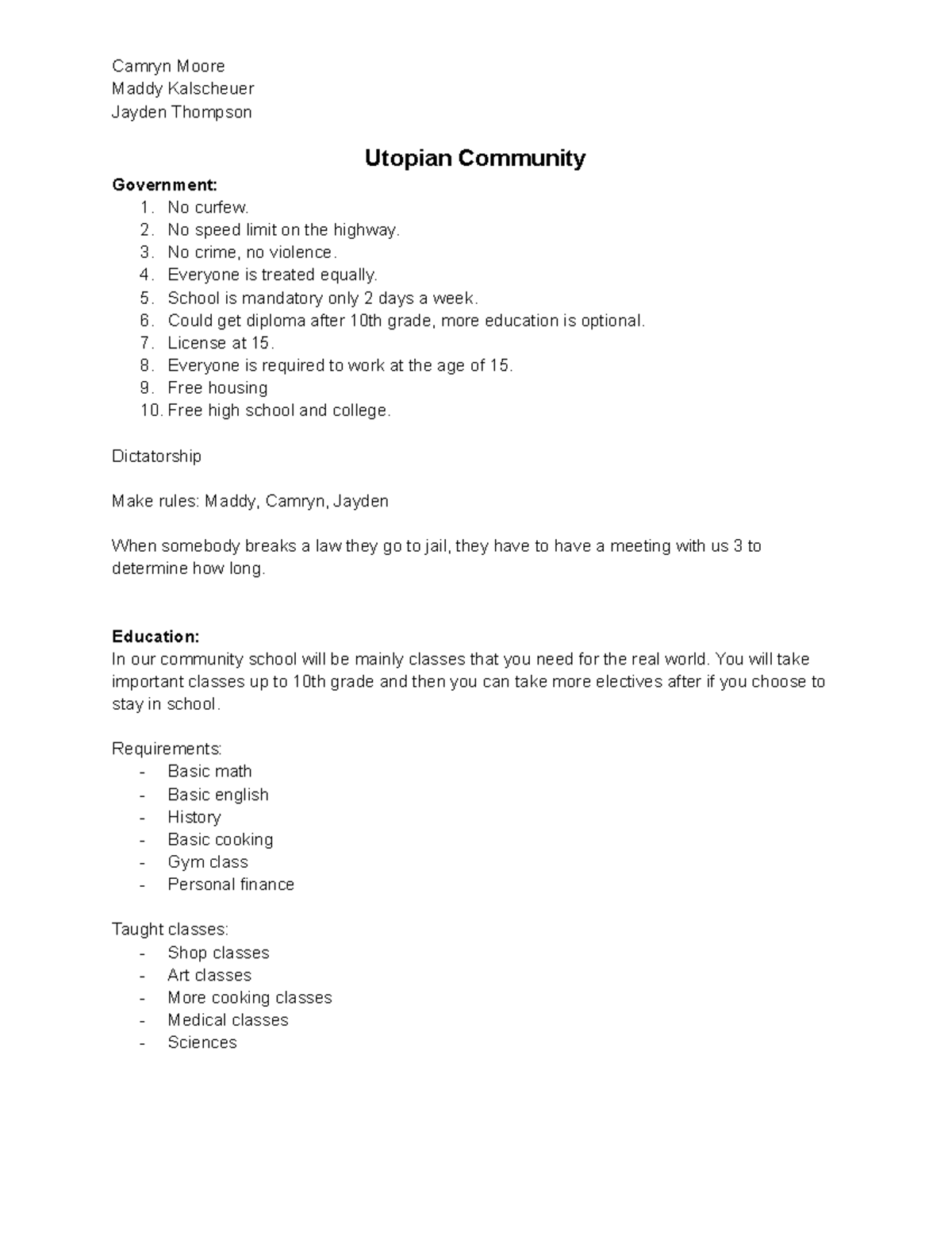 Utopian - answers - Camryn Moore Maddy Kalscheuer Jayden Thompson ...
