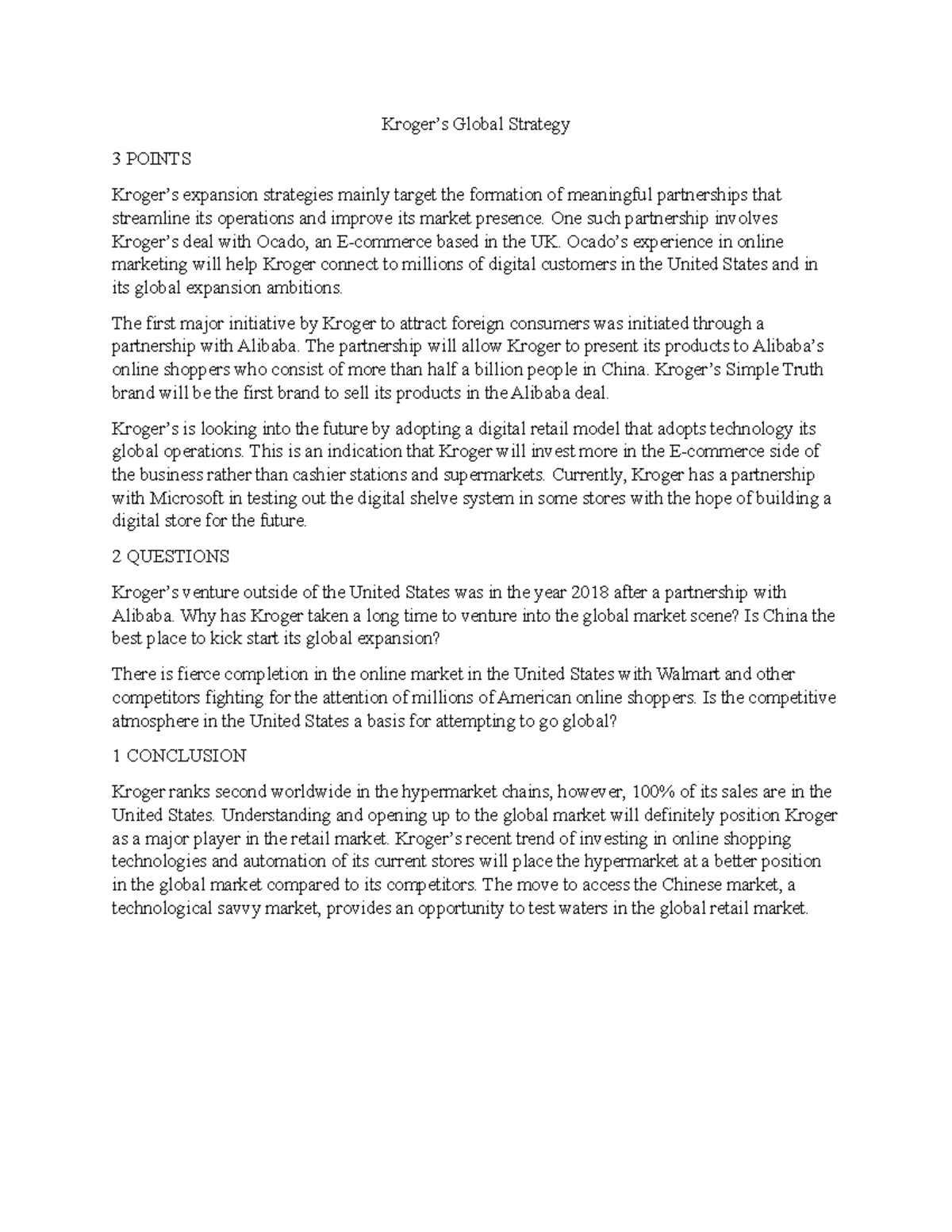 Kroger’s Global Strategy - Kroger’s Global Strategy 3 POINTS Kroger’s ...