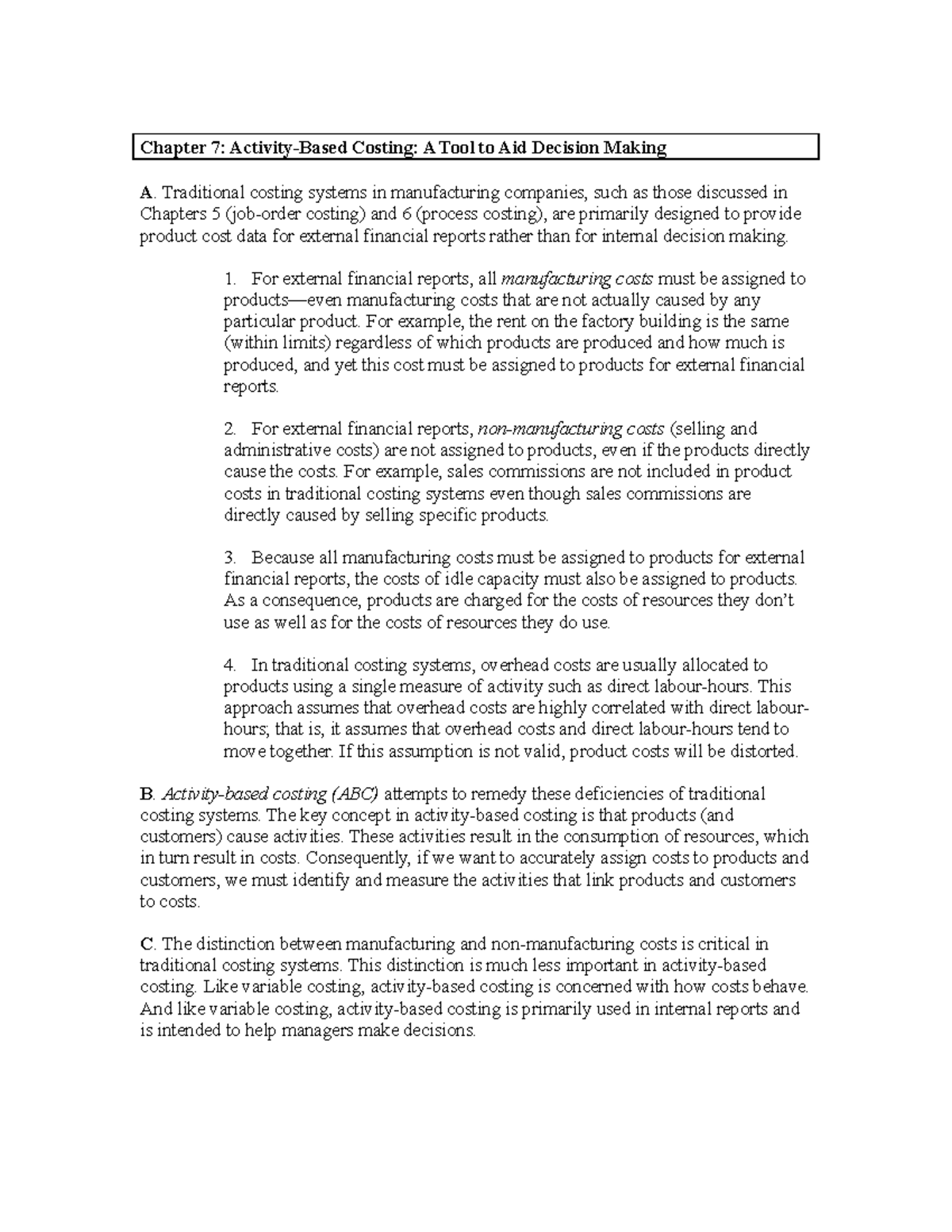 Chapter 7 Study Sheet - test - Chapter 7: Activity-Based Costing: A ...