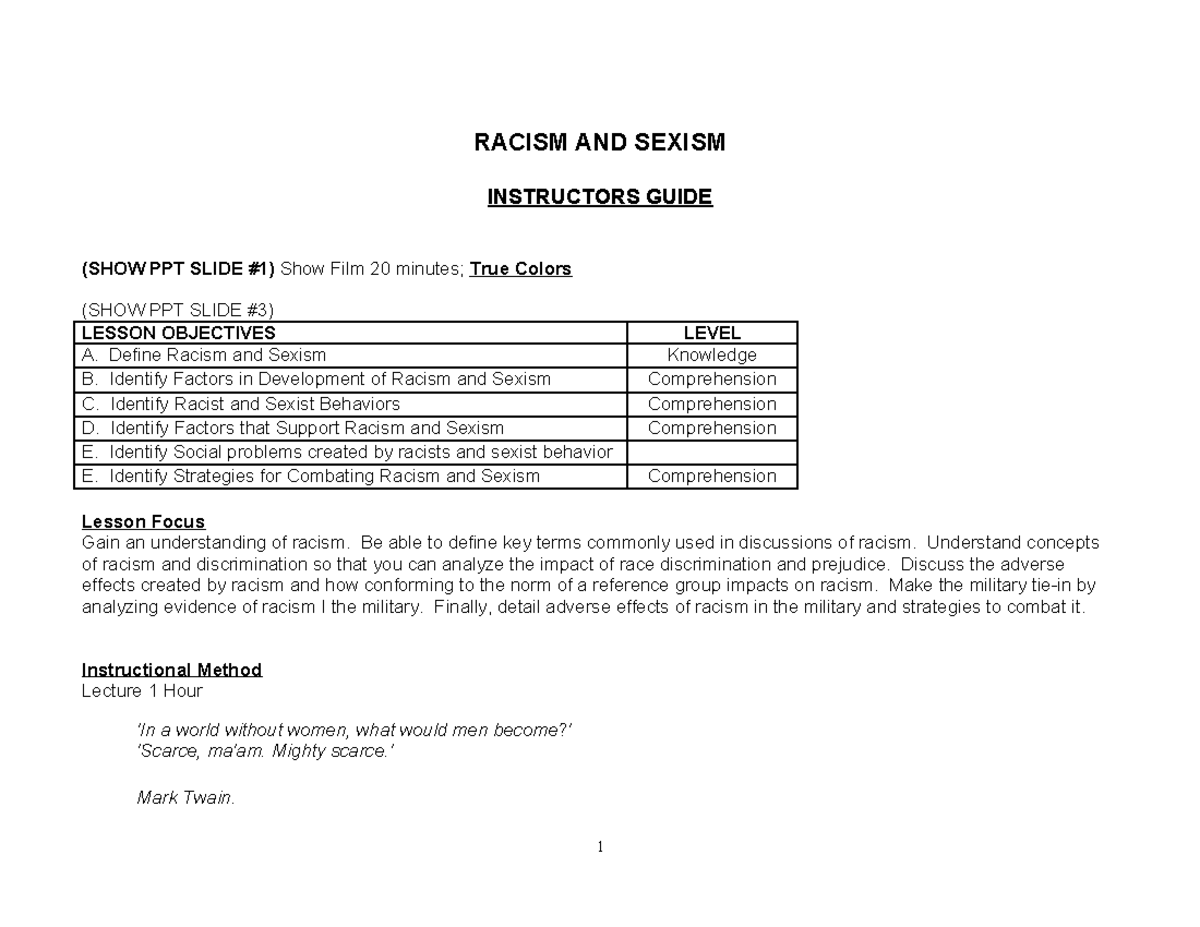 Racism and Sexism IG - RACISM AND SEXISM INSTRUCTORS GUIDE (SHOW PPT ...