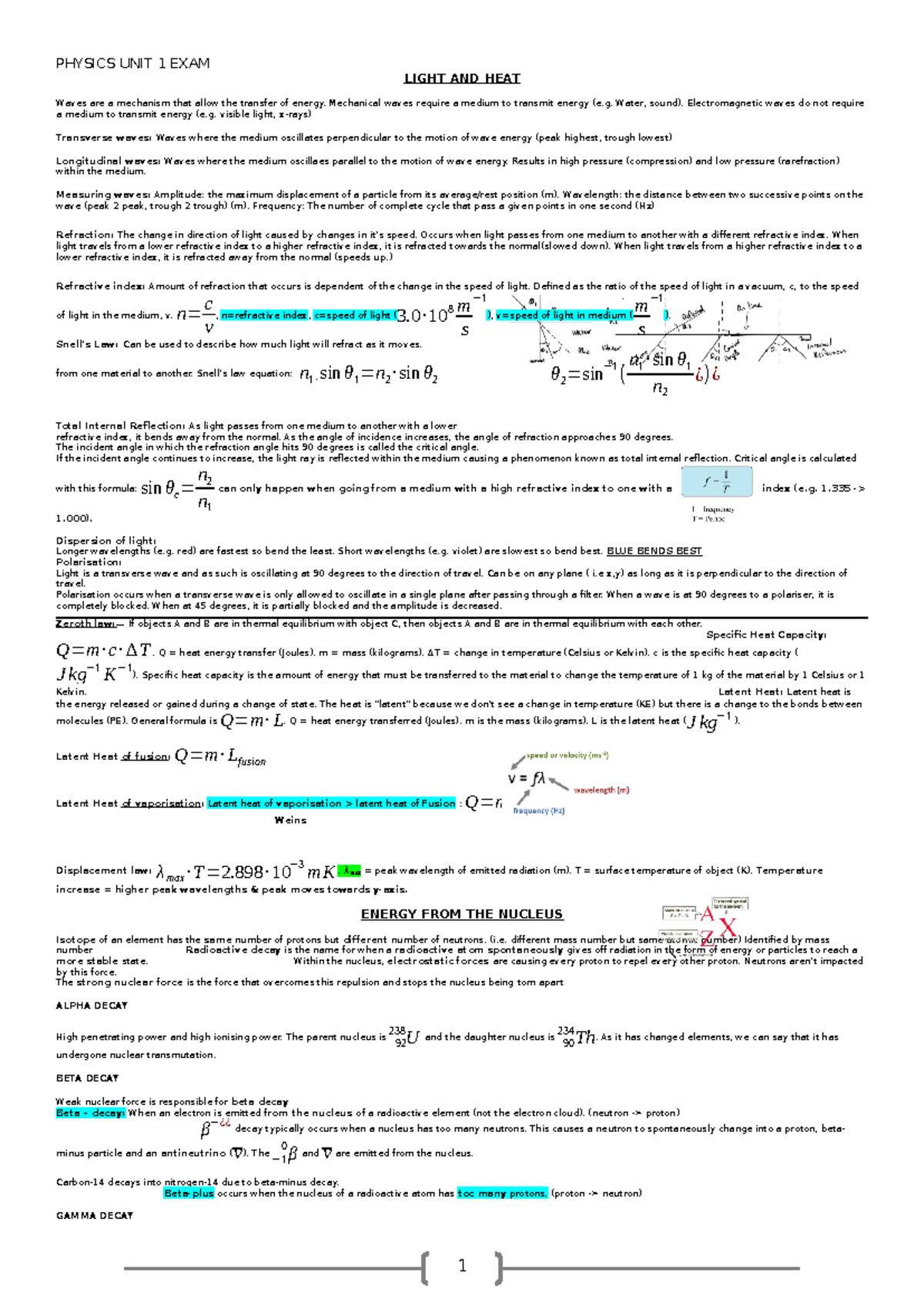Physics unit 1 exam cheat sheet - 1 PHYSICS UNIT 1 EXAM LIGHT AND HEAT ...