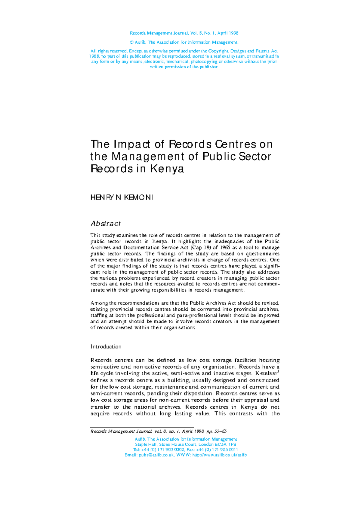 The impact of records centers on the management of public sector records in kenya - Th e Im p a ...