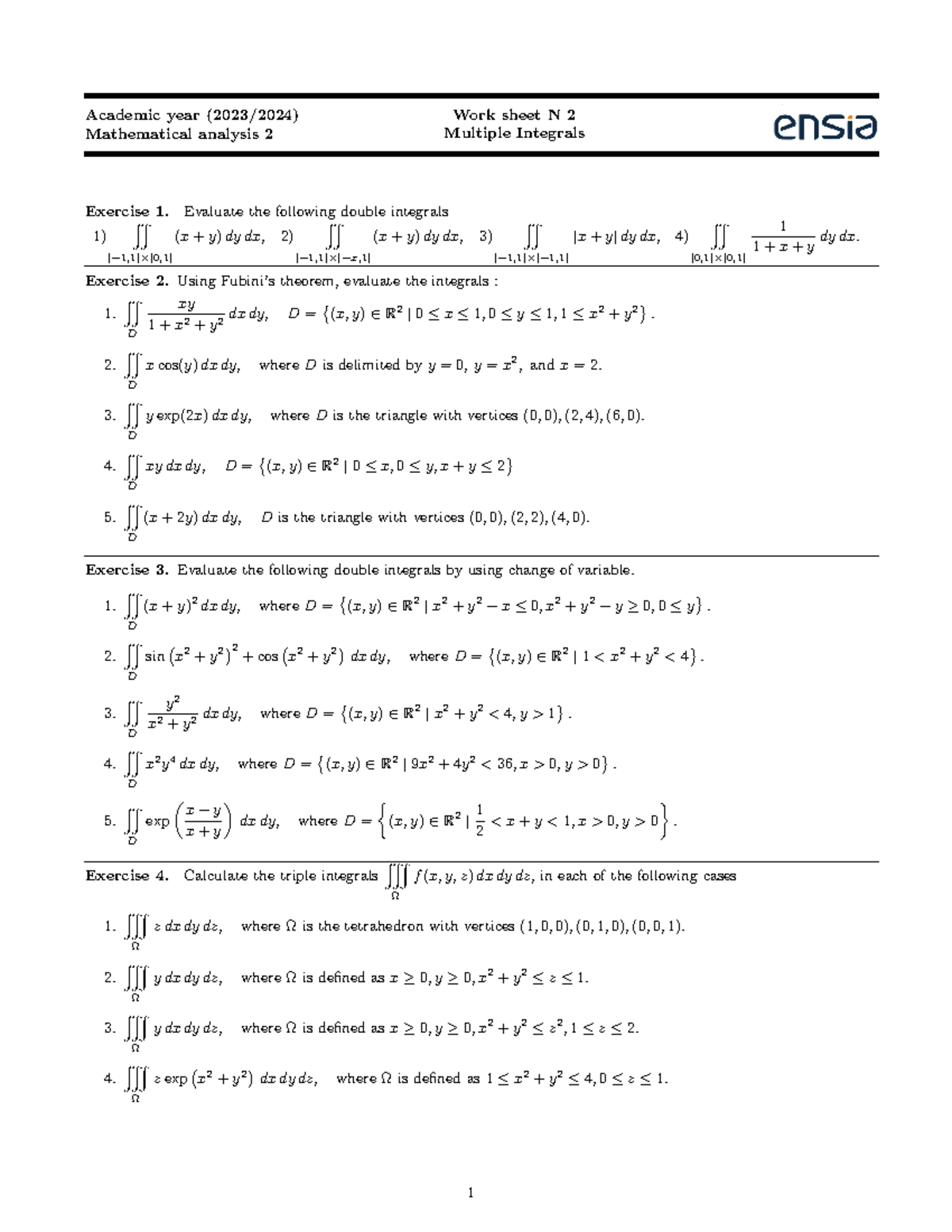 Multiple integrals - easy - Academic year (2023/2024) Mathematical analysis 2 Work sheet N 2 ...