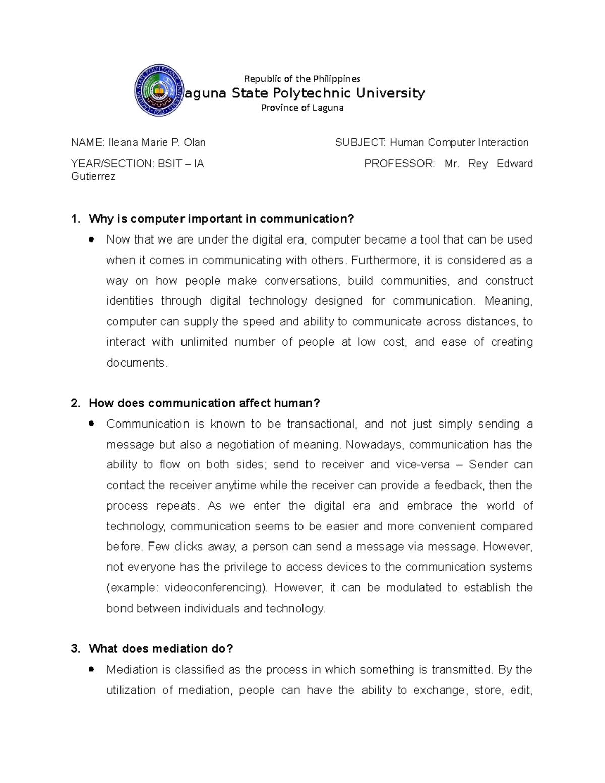 human computer interaction - Republic of the Philippines Laguna State ...