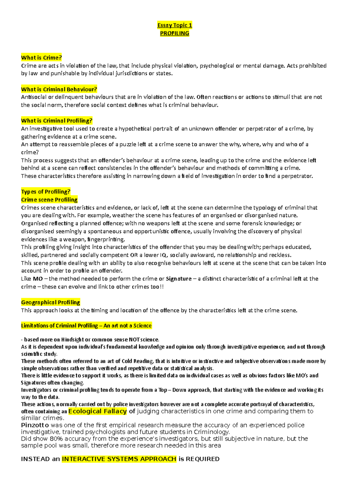 Exam Essay Topic 1 - Profiling - Essay Topic 1 PROFILING What is Crime ...