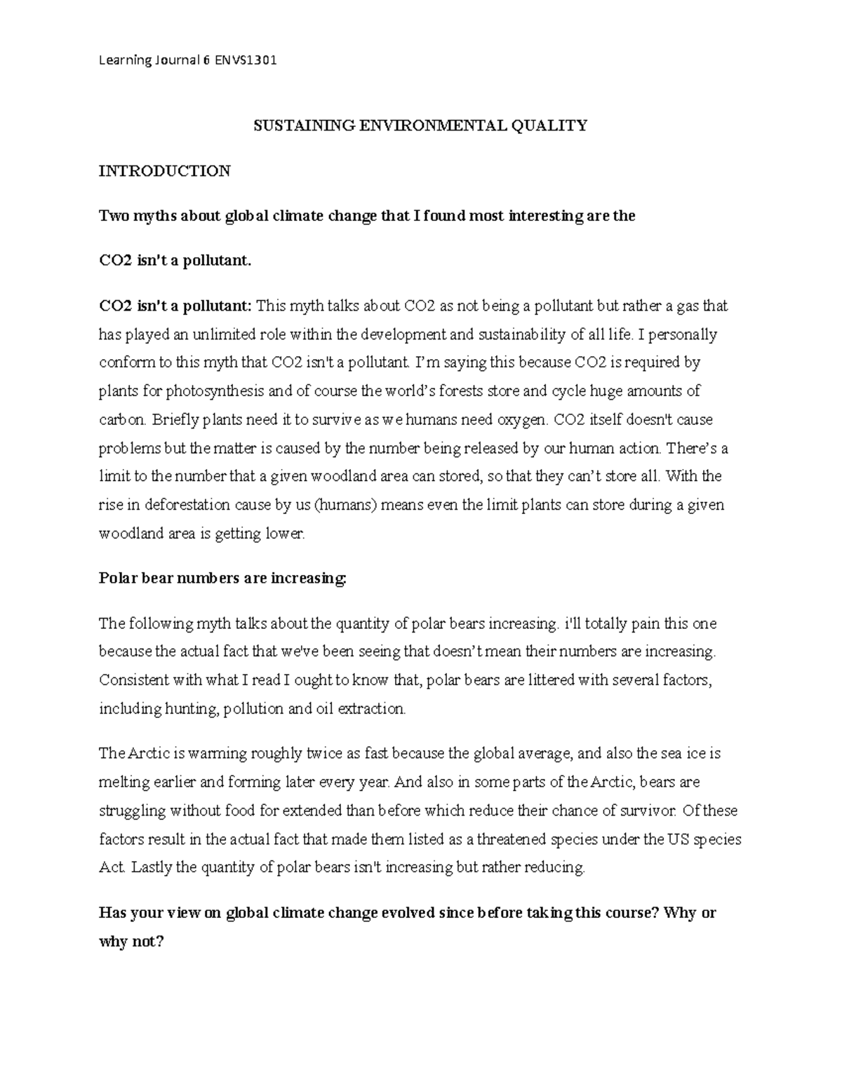 Learning Journel 6 ENVS1301 - Learning Journal 6 ENVS SUSTAINING ...