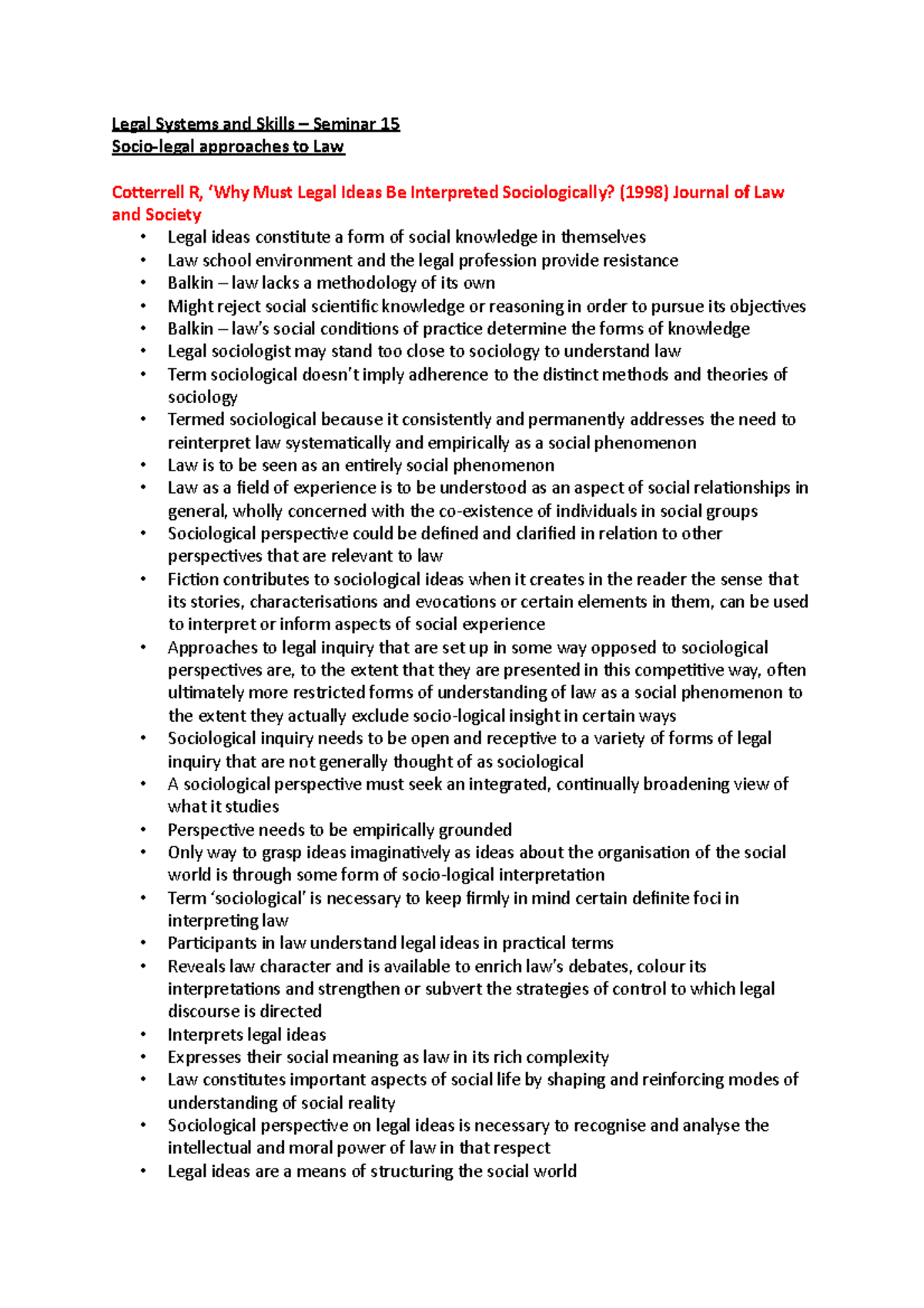 Seminar 15 - Socio-legal approaches to law - Legal Systems and Skills ...