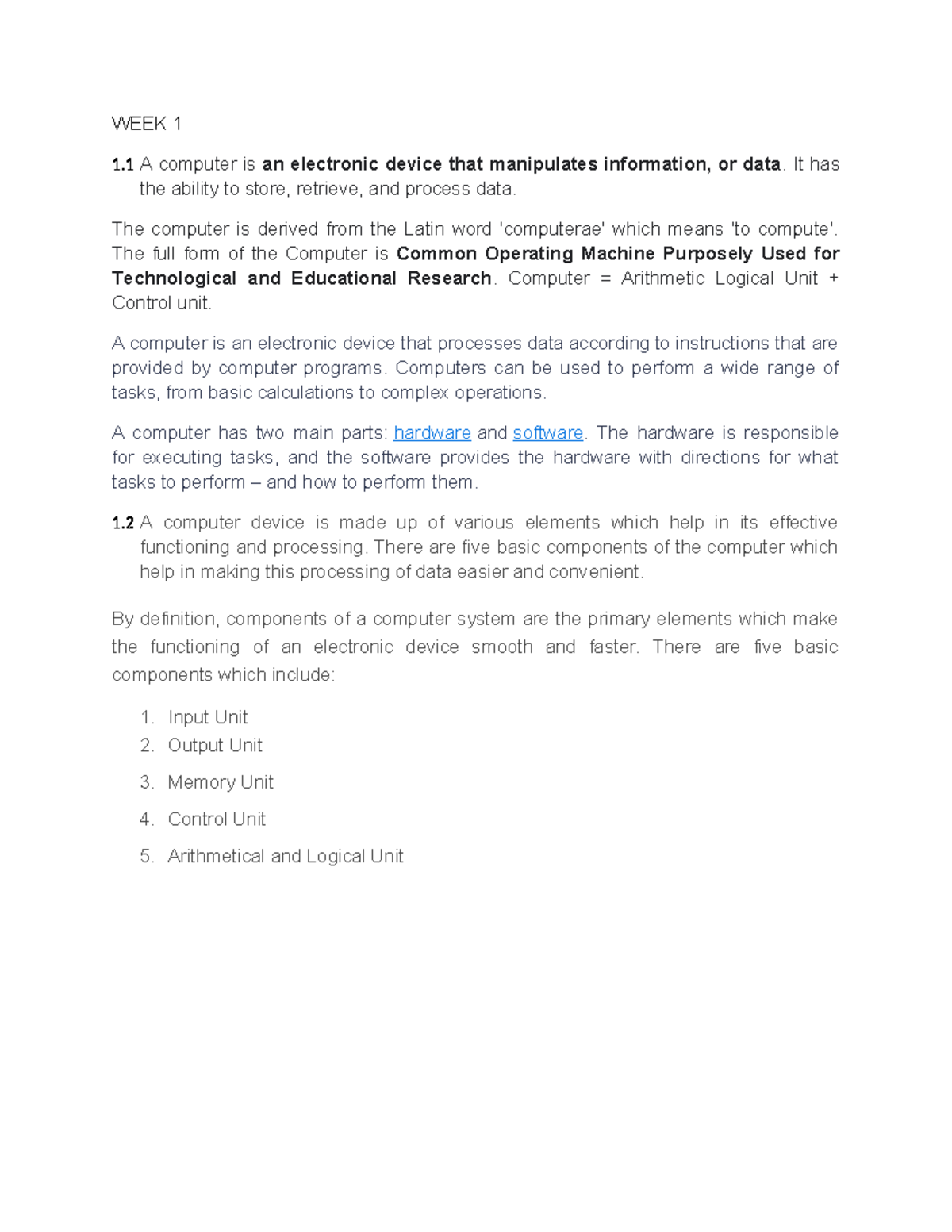 Lesson note (week one) - Introduction to basic concepts of computer science - WEEK 1 1 A ...