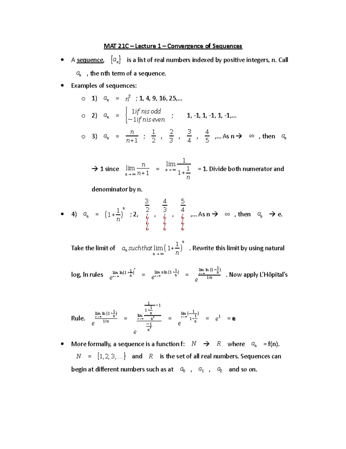 MAT 21C – Lecture 1 – Convergence of Sequences - MAT 21C – Lecture 1 – Convergence of Sequences ...