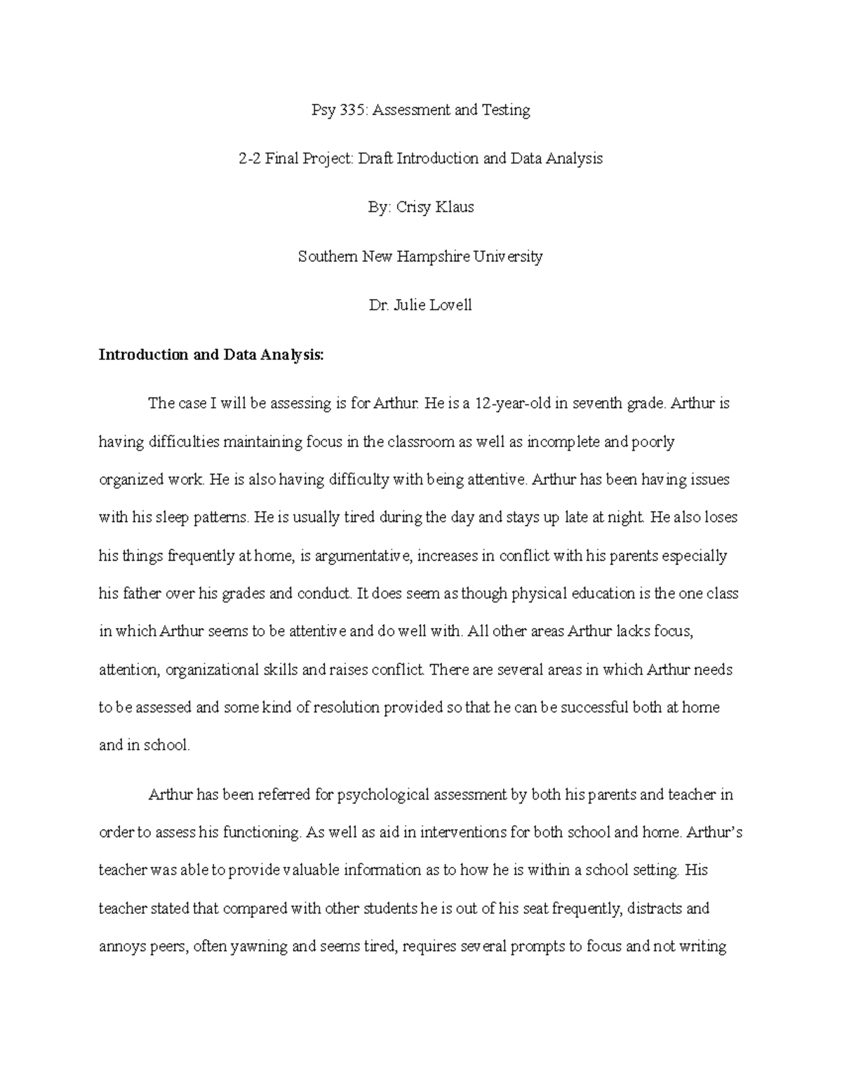 2-2 Final Draft - Psy 335: Assessment and Testing 2-2 Final Project ...