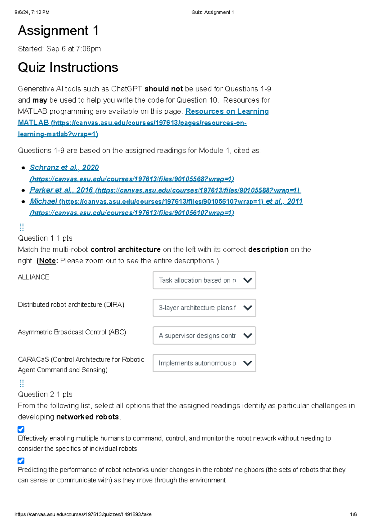 Quiz Assignment 1 - ALLIANCE Task allocation based on ro Distributed robot architecture (DIRA ...