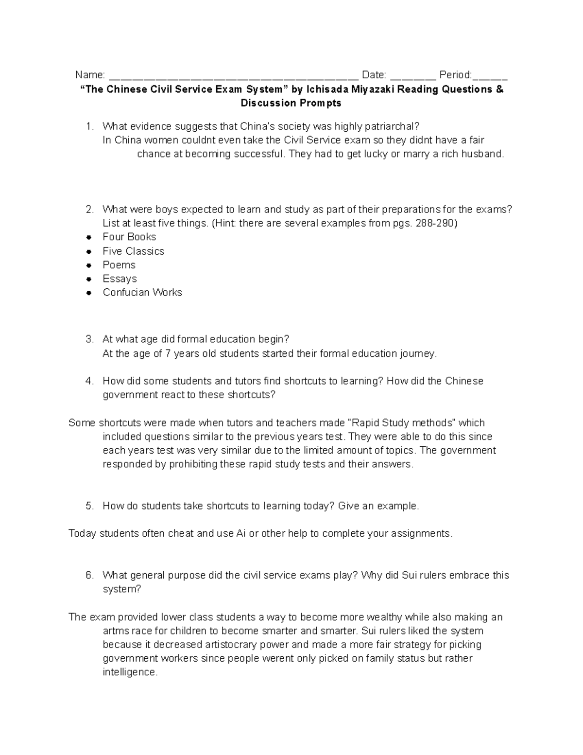 Ward China's Civil Service Exam Discussion Questions - Name: - Studocu