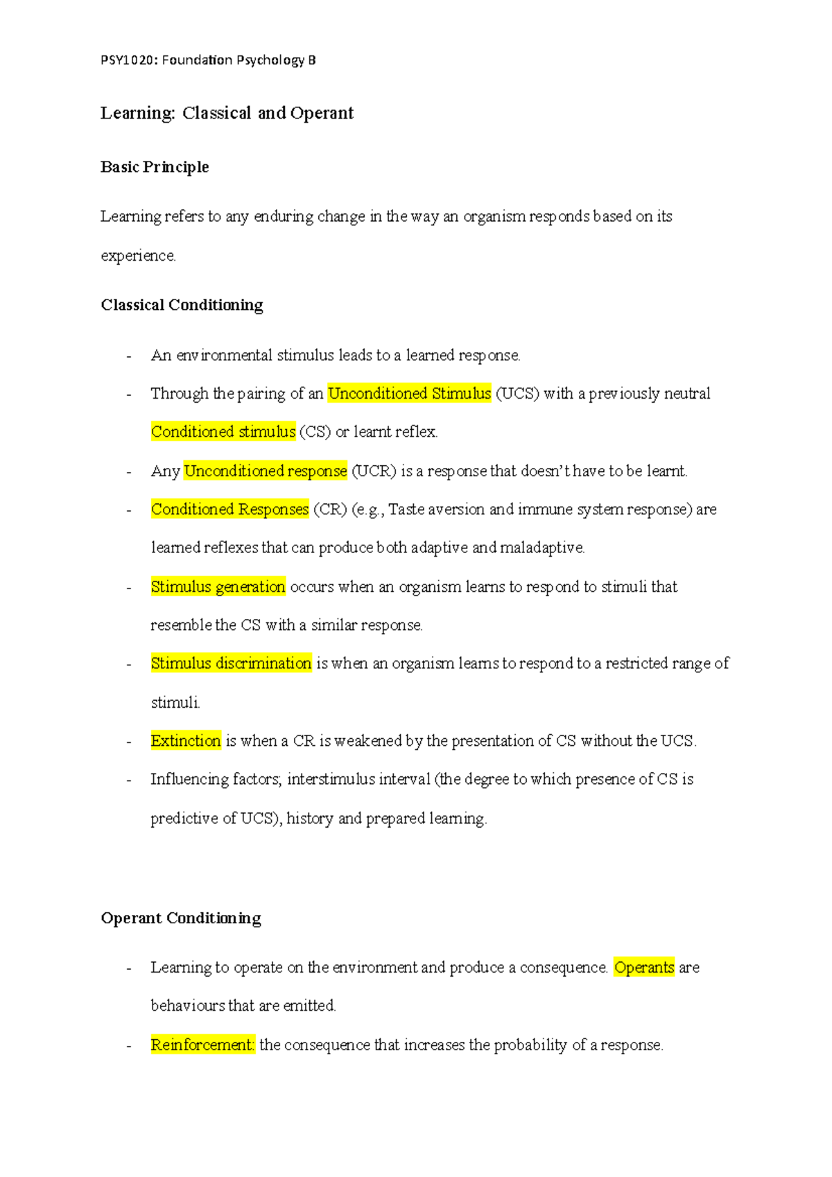 Psych B - Learning Classical and Operant - Summary - PSY1020 ...