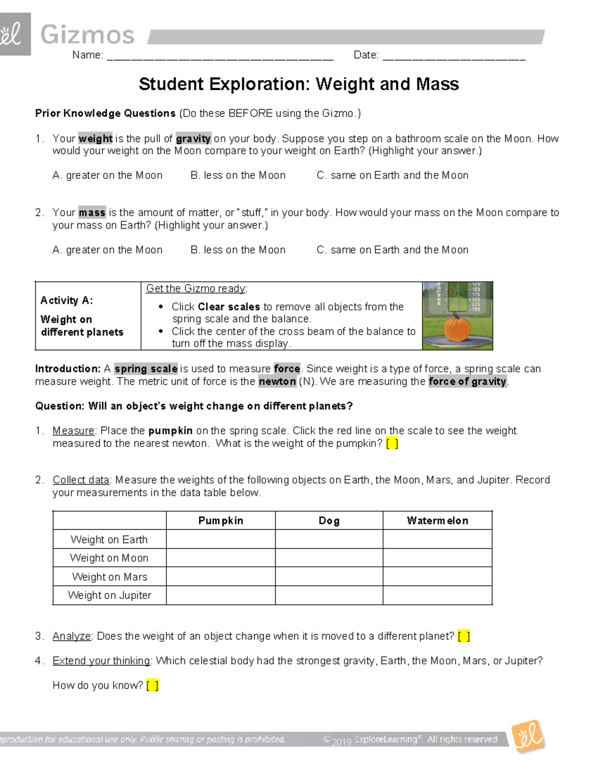 Weight & Mass Gizmo Student Exploration - 2019 Name