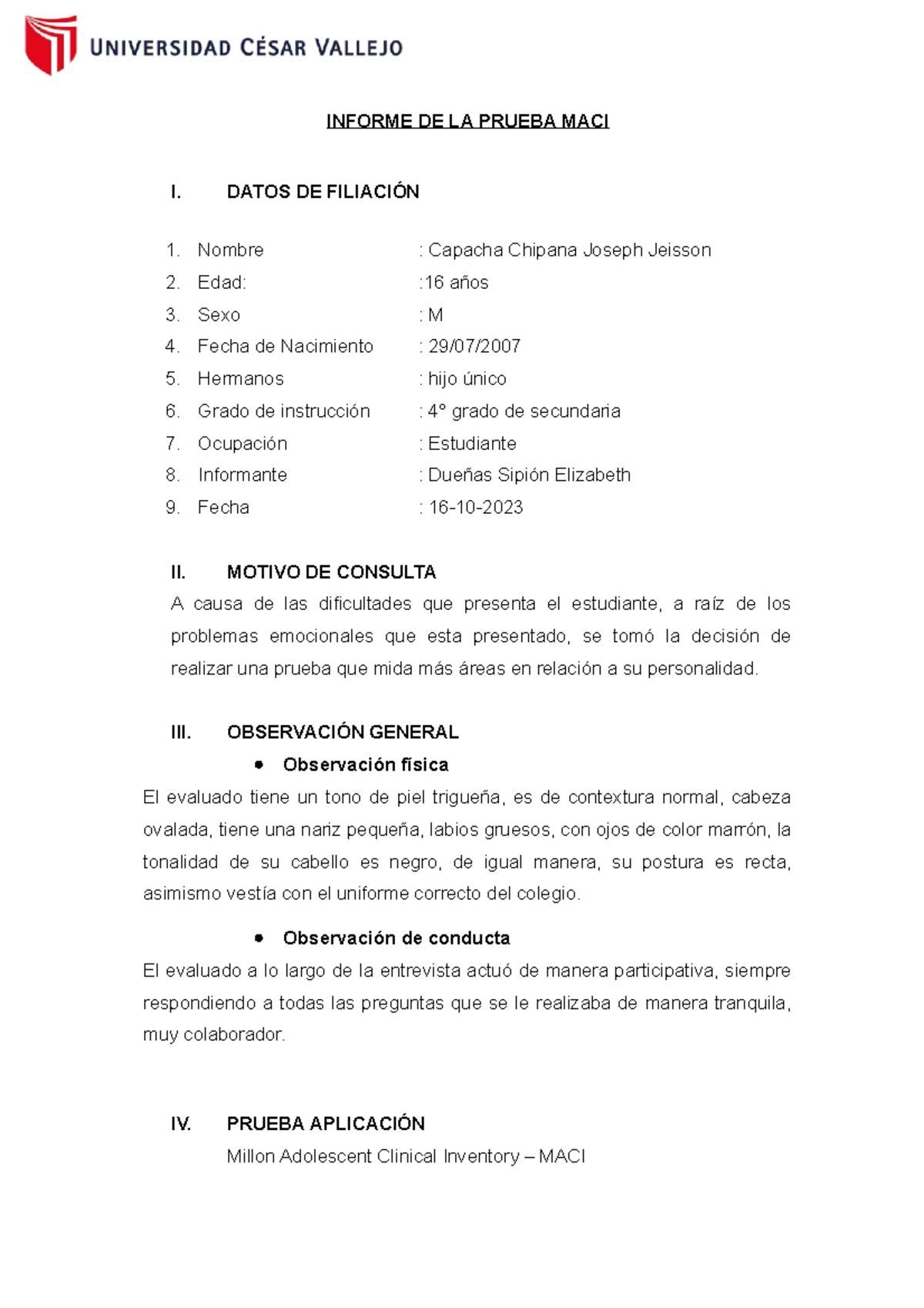 Informemaci - informe del test de maci - INFORME DE LA PRUEBA MACI I ...