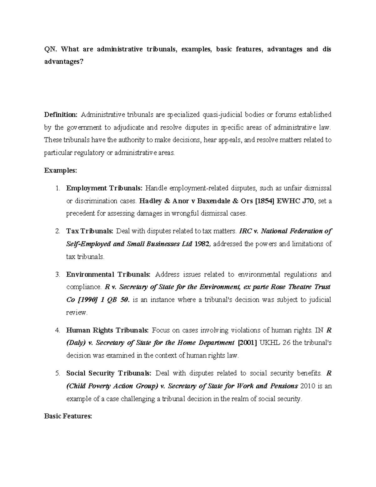 Admin - QN. What are administrative tribunals, examples, basic features ...