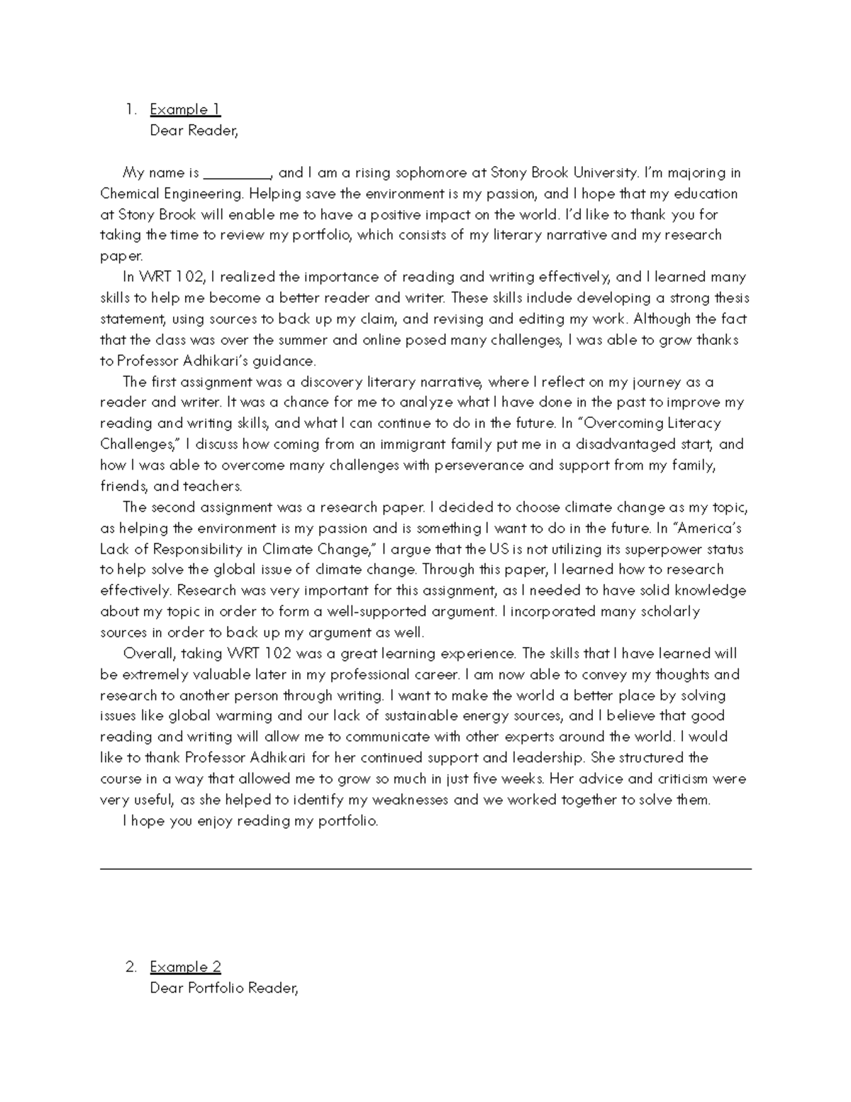 Sample Writing Reflections - Example 1 Dear Reader, My name is ...