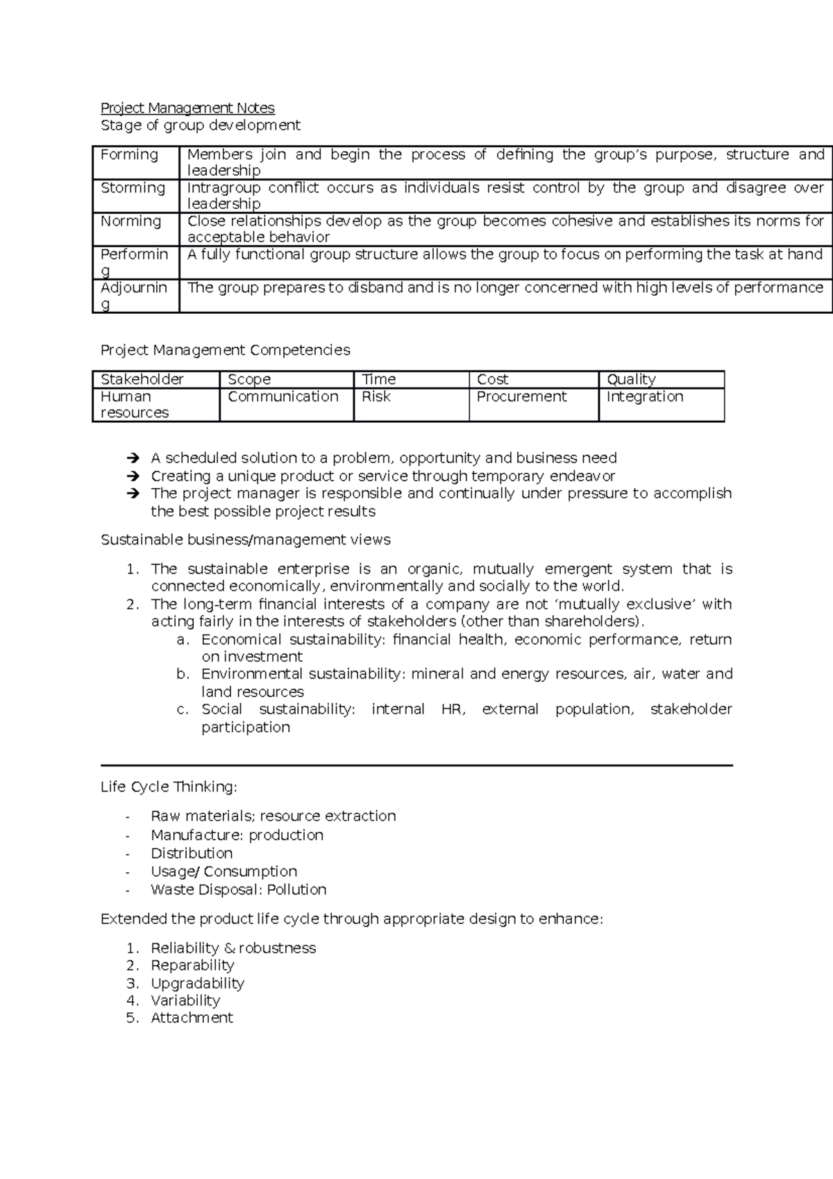 PM Notes Weeks 1-3 - Project Management Notes Stage of group ...