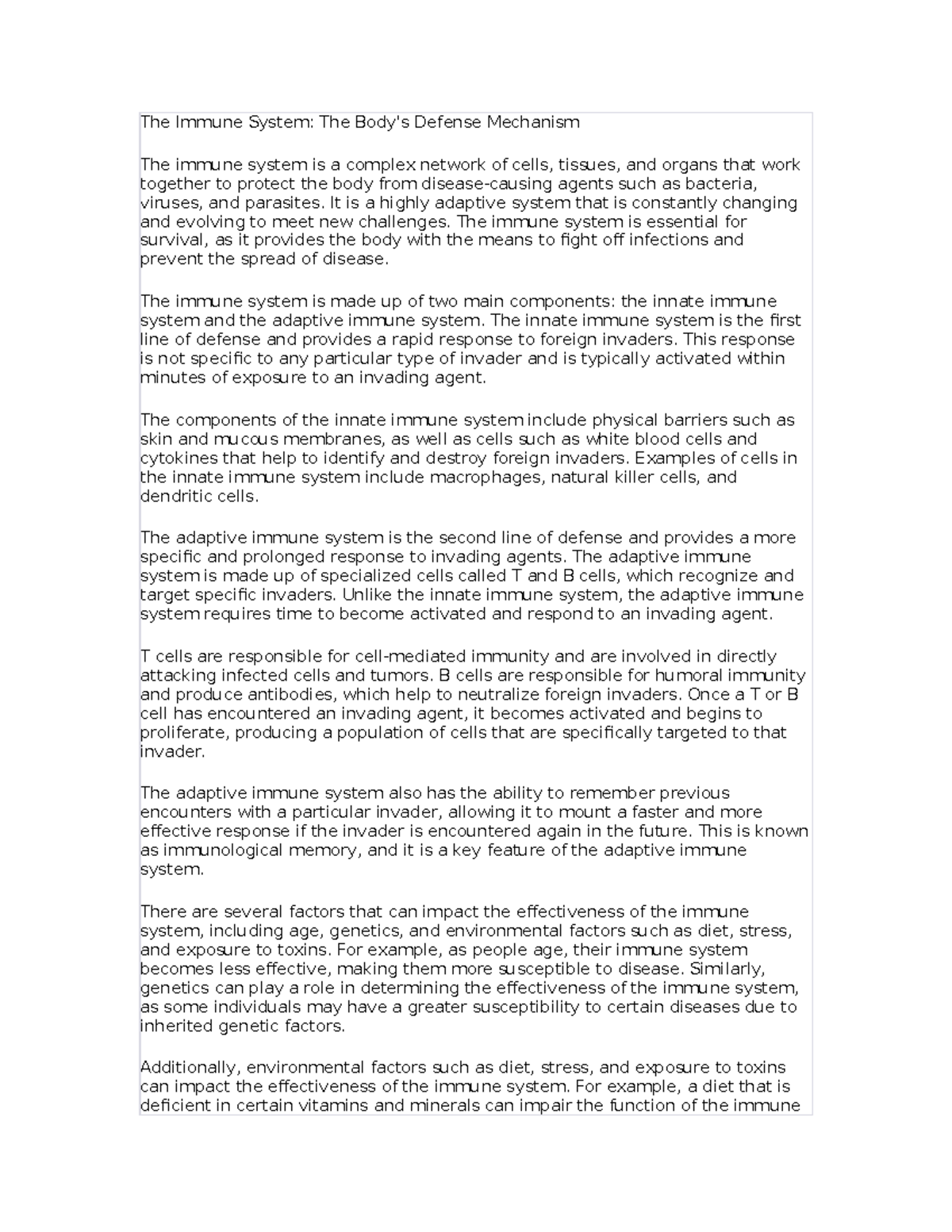 The Immune System The Body's Defense Mechanism - It is a highly ...