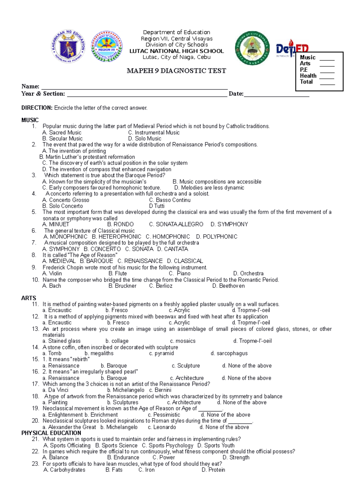 Mapeh 9 - Diagnostic Test - Department of Education Region VII, Central ...