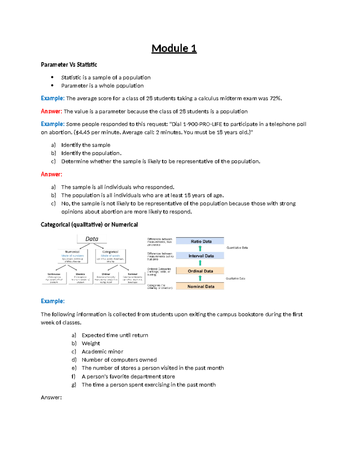 Test 1 Cheat Sheet - Module 1 Parameter Vs Statistic Statistic is a ...