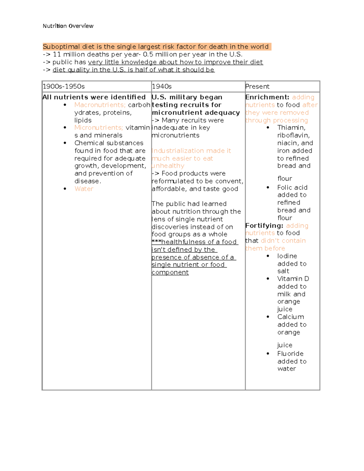 Nutrition Overview Notes - Nutrition Overview Suboptimal diet is the ...