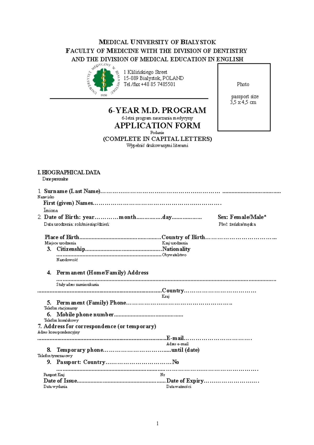 Application form.doc. - MEDICAL UNIVERSITY OF BIALYSTOK FACULTY OF ...