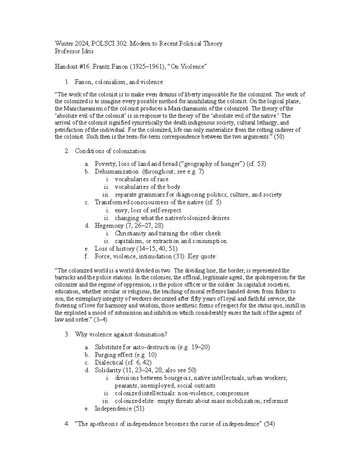 14b - Fanon - Handout - lecture notes - Winter 2024, POLSCI 302: Modern ...