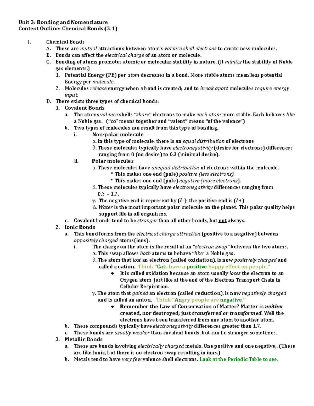 Chemical Bonds (3.1) - Unit 3: Bonding and Nomenclature Content Outline ...