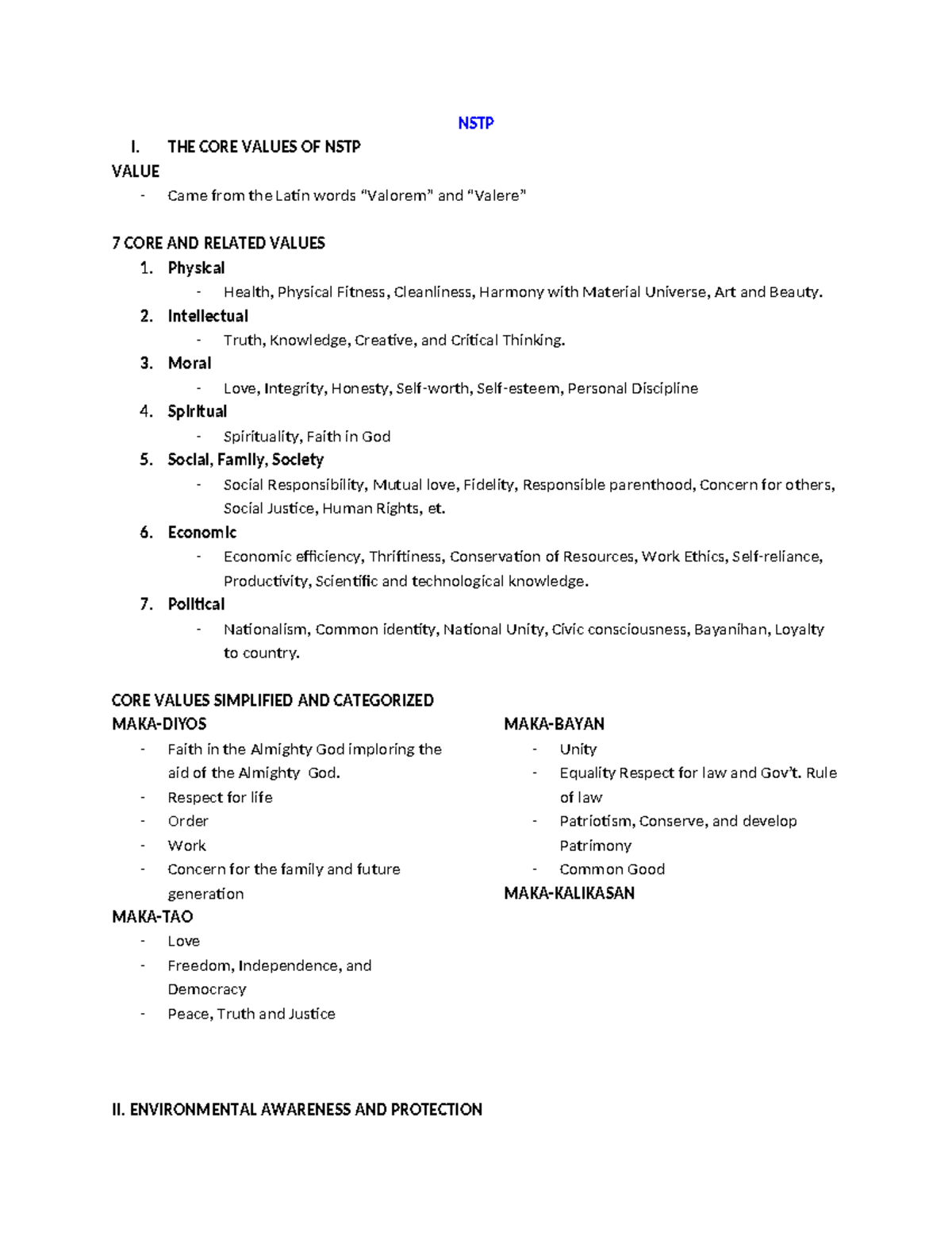 NSTP - nstp - NSTP I. THE CORE VALUES OF NSTP VALUE Came from the Latin ...