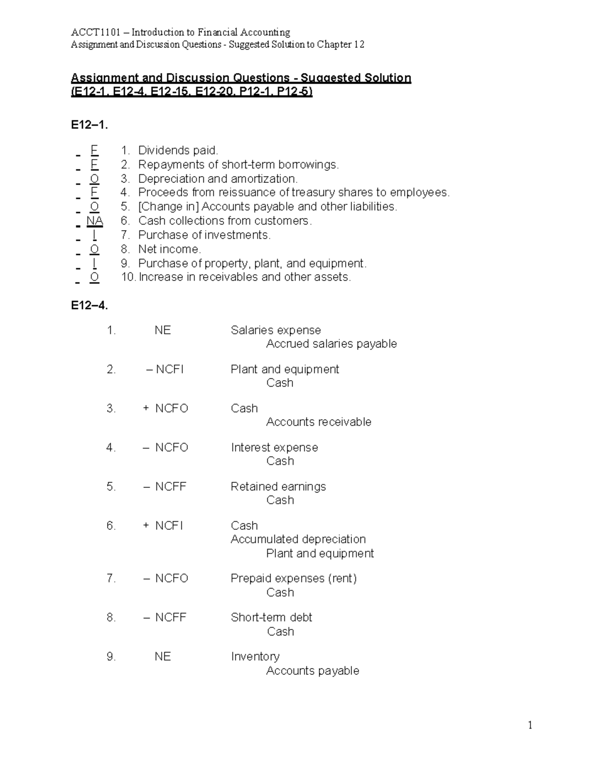 ACCT1101 Solution Chapter 12 - Assignment and Discussion Questions ...