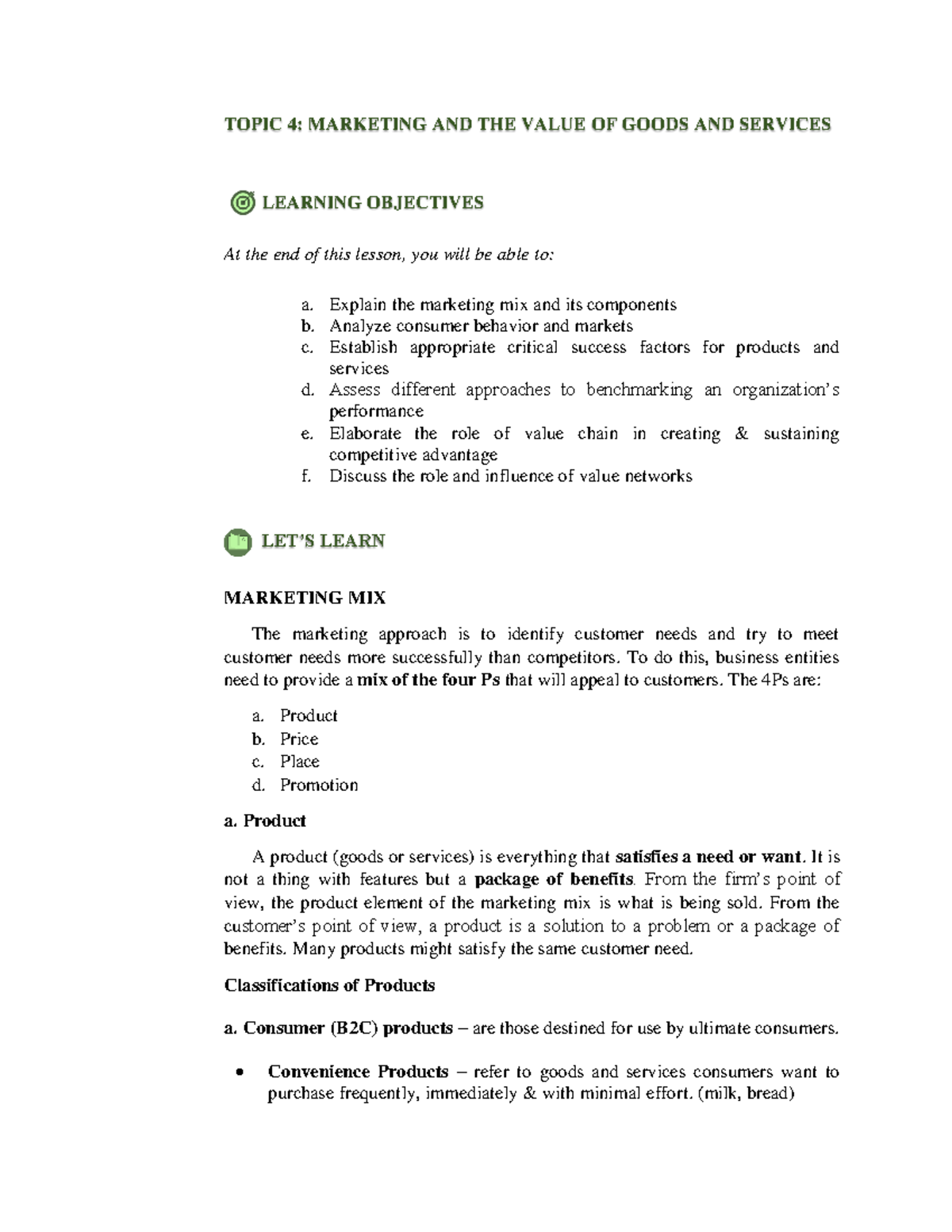 SBA Module-UNIT 1- Topic 4-Content - TOPIC 4: MARKETING AND THE VALUE ...