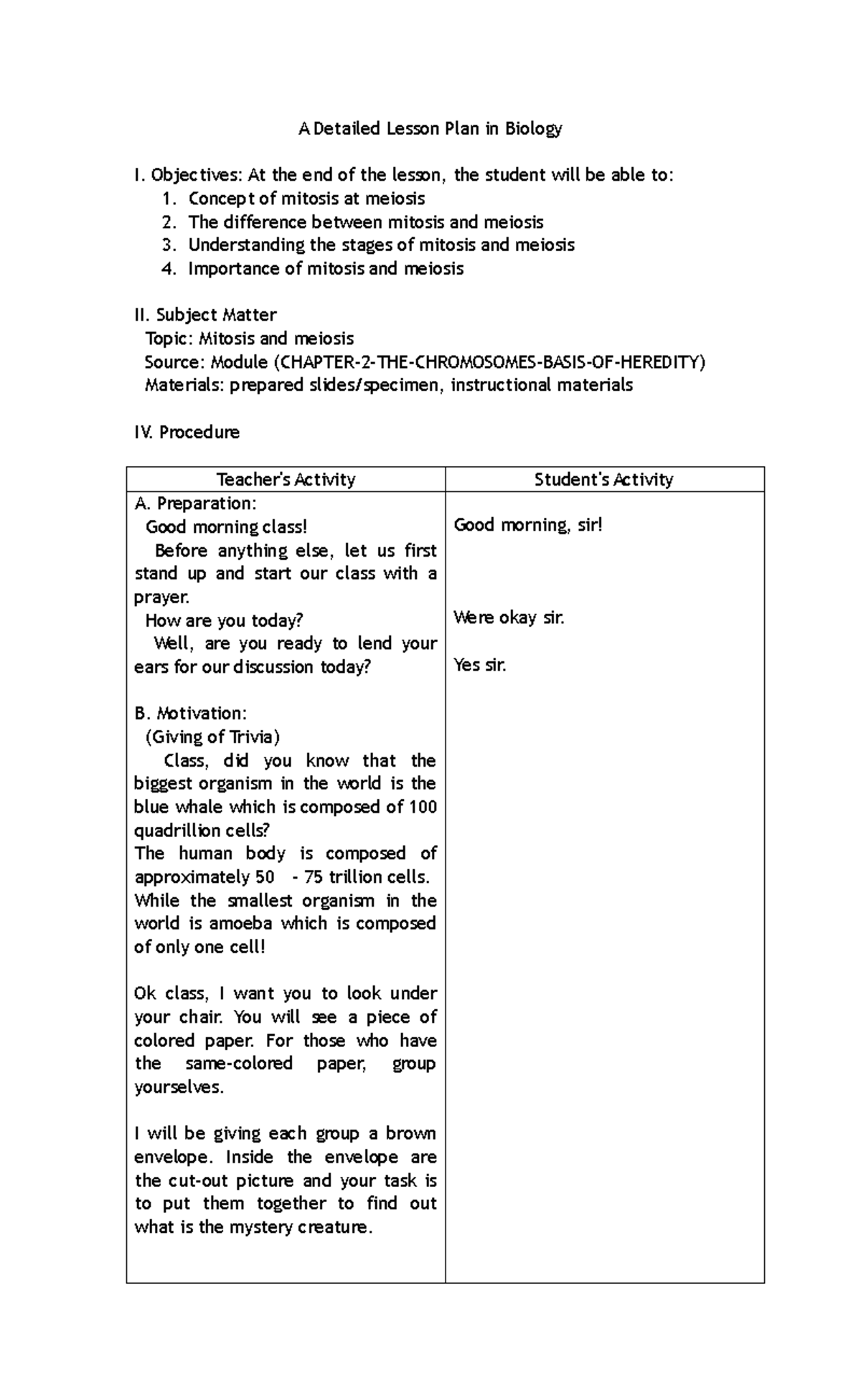 DLP Mitosis AND Meiosissss - A Detailed Lesson Plan in Biology I ...