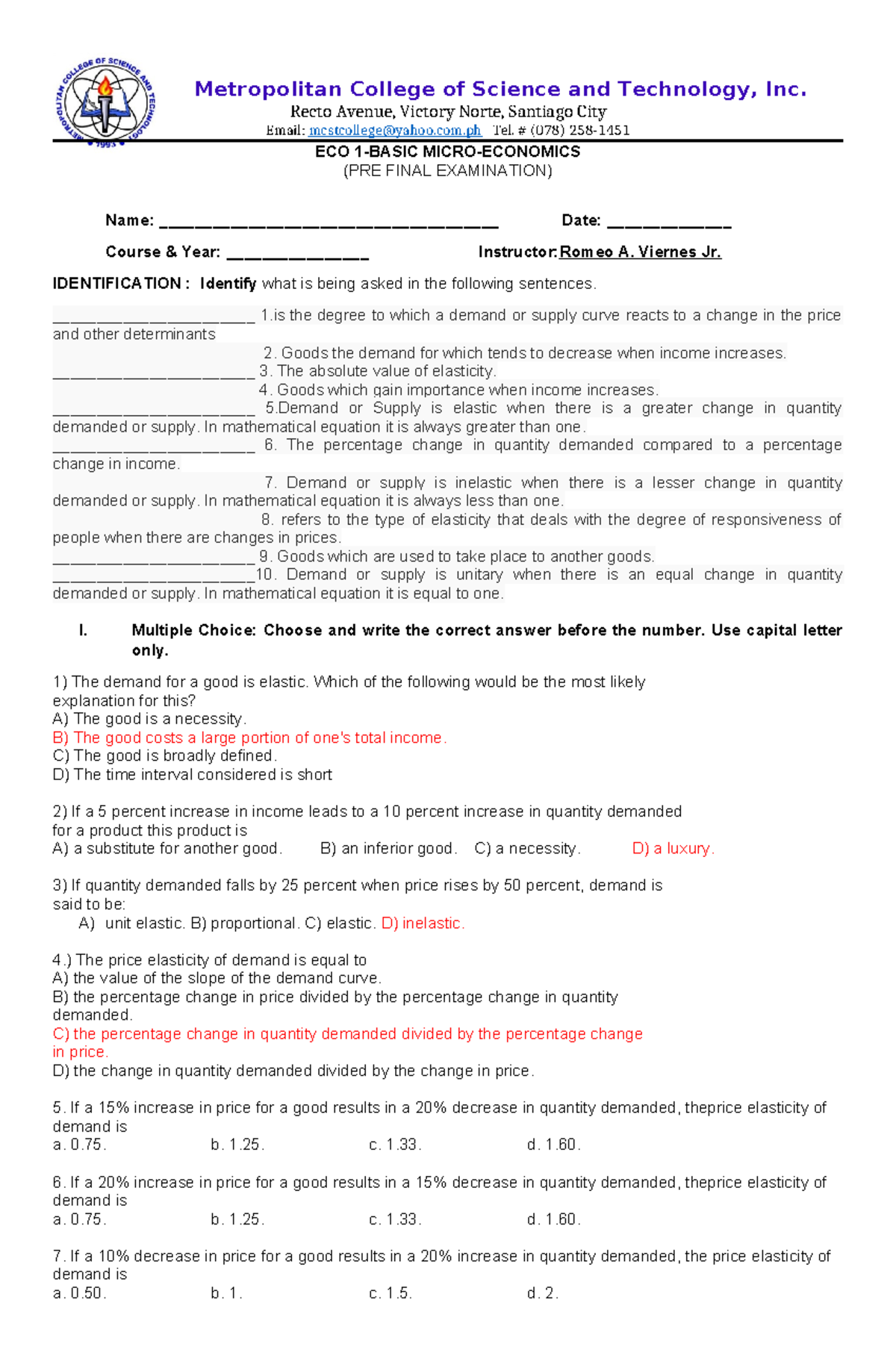 ECO 1 Prefinal - micro econmics pre final exam - Metropolitan College ...