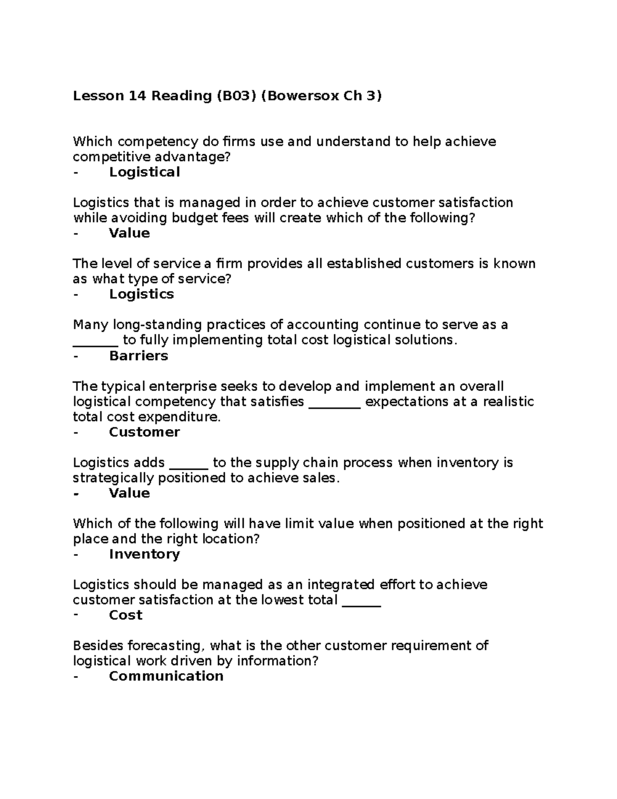 Lesson 14 Reading (B03) (Bowersox Ch 3) Smartbook - Lesson 14 Reading ...