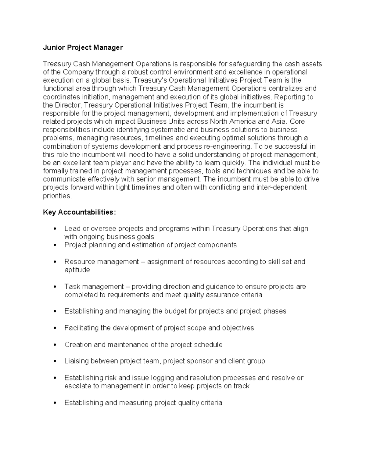 Job Discription - JD for assignment - Junior Project Manager Treasury ...