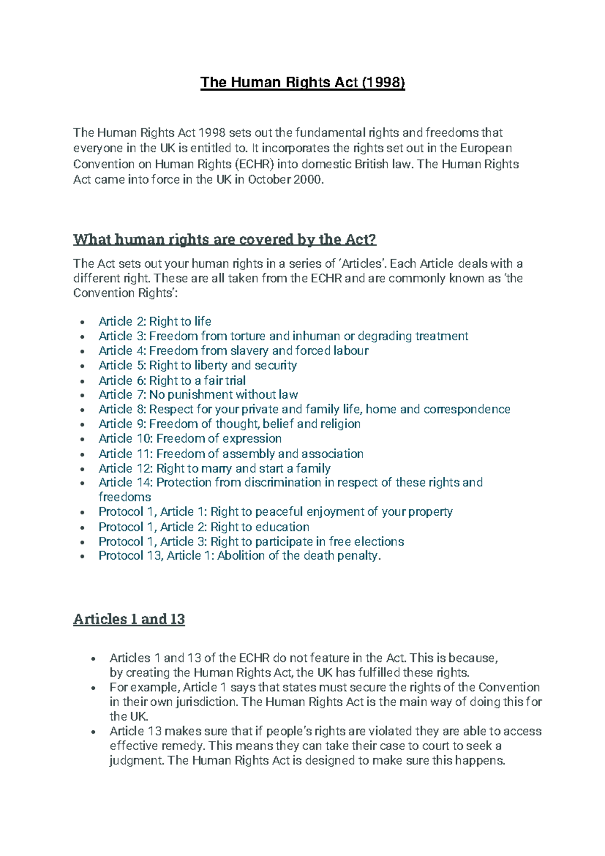 The Human Rights Act Summary - The Human Rights Act (1998) The Human ...